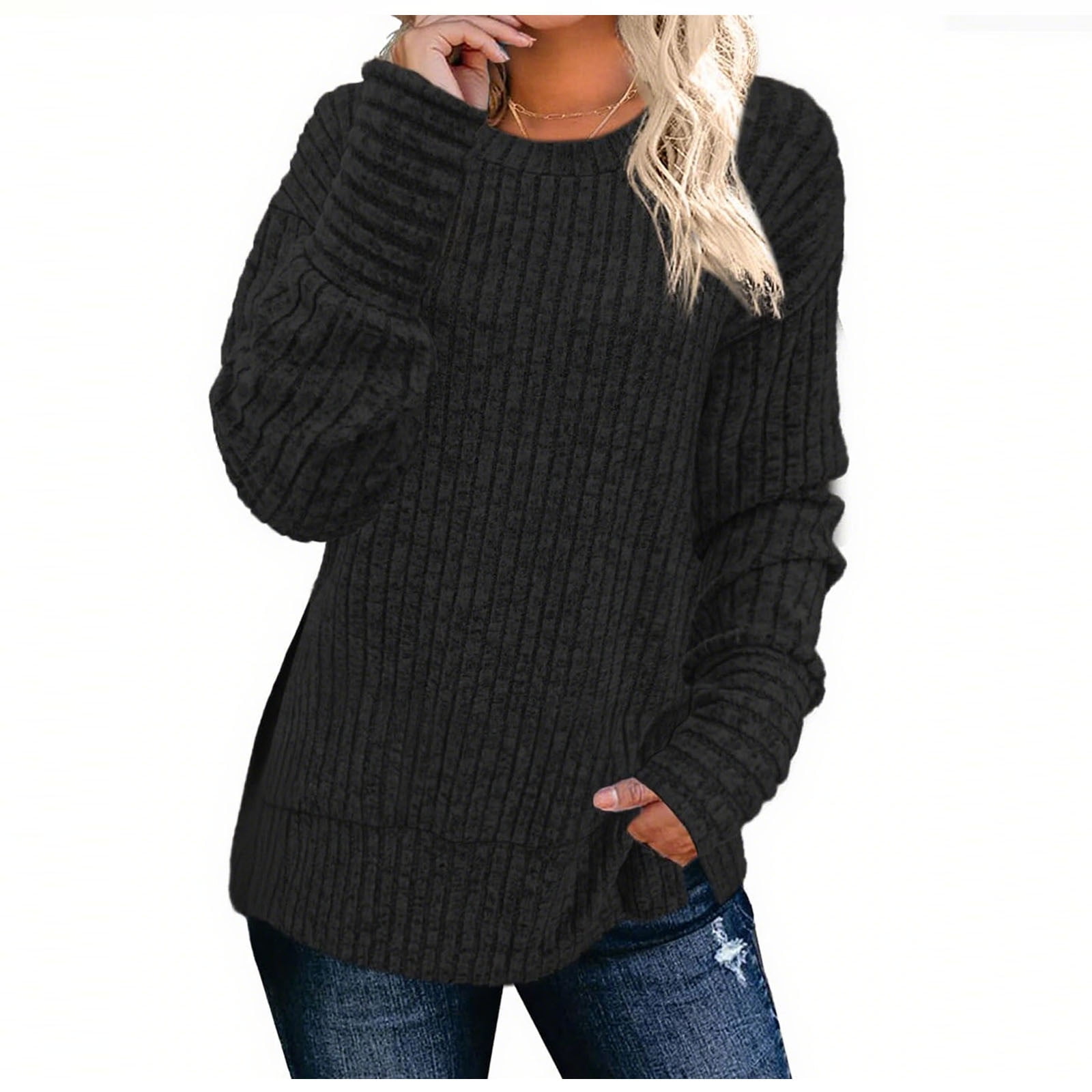 Womens Long Sleeve Rib-knit Tops Lightweight Loose Crew Neck Sweater ...