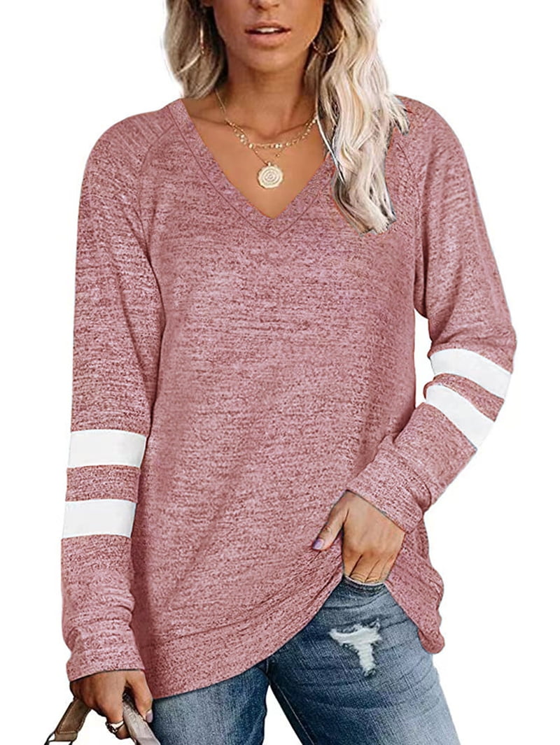 Womens Long Sleeve Shirts Color Block Casual V Neck Tops Tshirt Basic ...