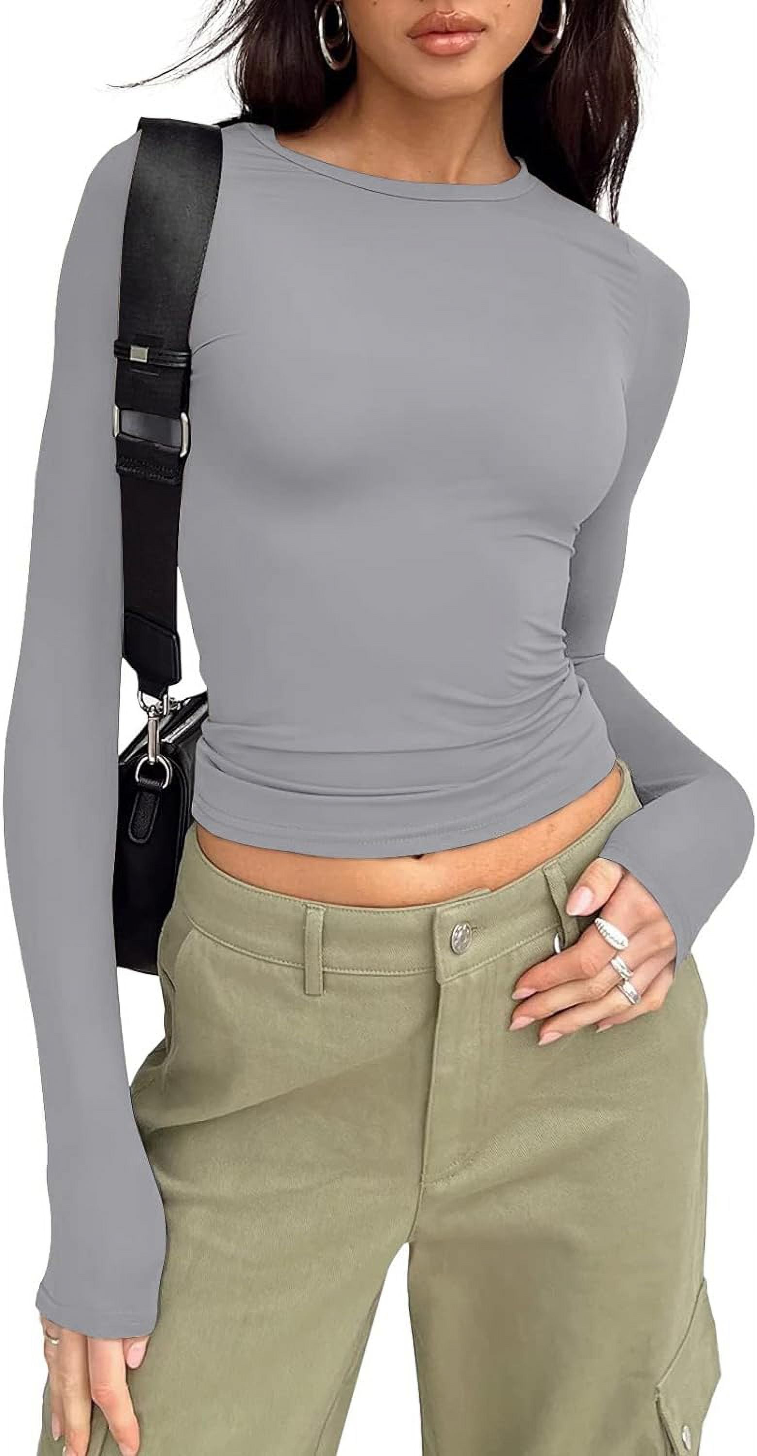 Womens Long Sleeve Shirts Going Out Crop Tops Basic Layering Workout ...