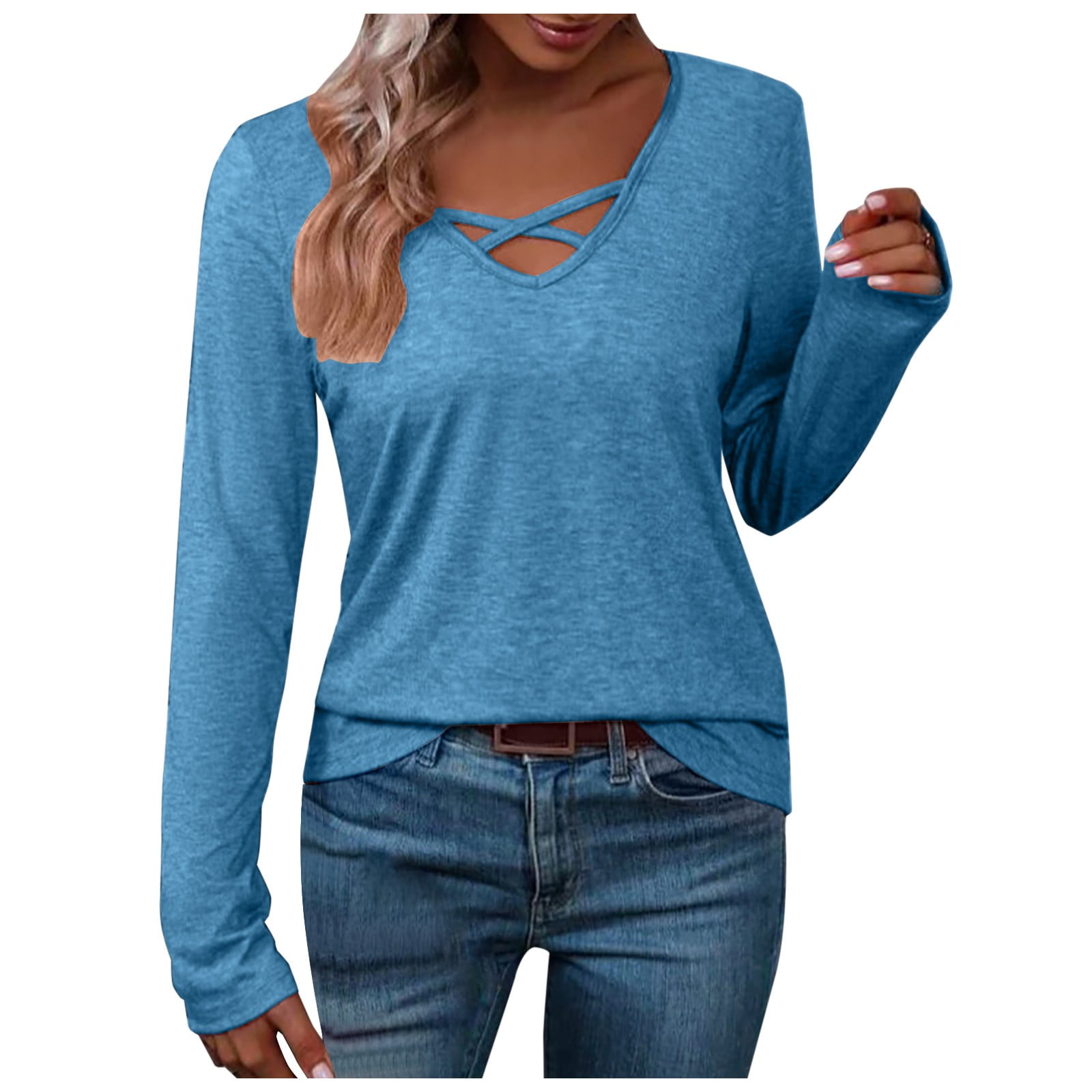 Womens Long Sleeve Shirts V Neck Criss Cross Solid Color Blouses Loose ...