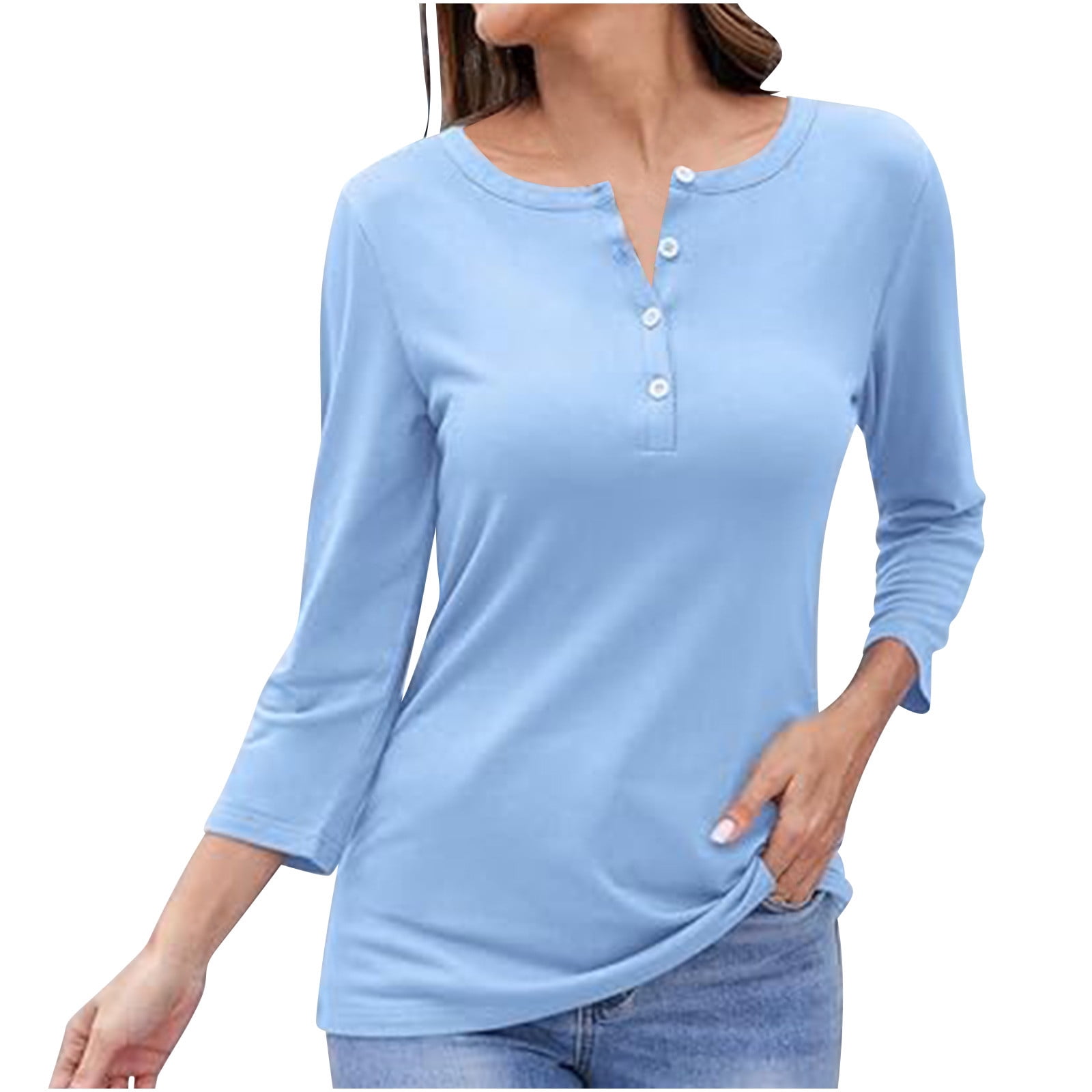 Womens Long Sleeve T Shirts Button Henley-Neck Solid Color Comfy Base ...