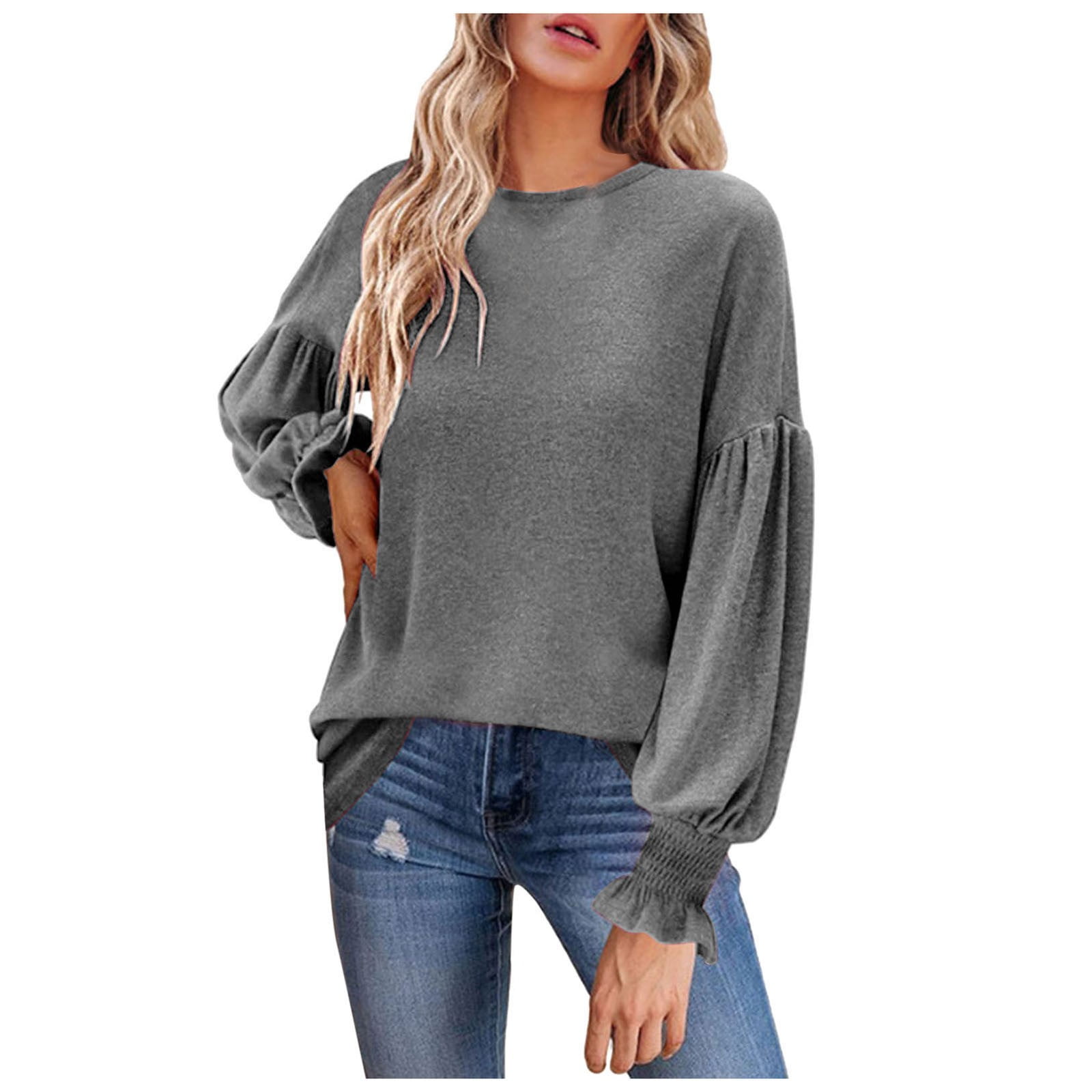 Womens Long Sleeve Tops Crew Neck Ruffle Sleeve Casual Loose Blouse T ...