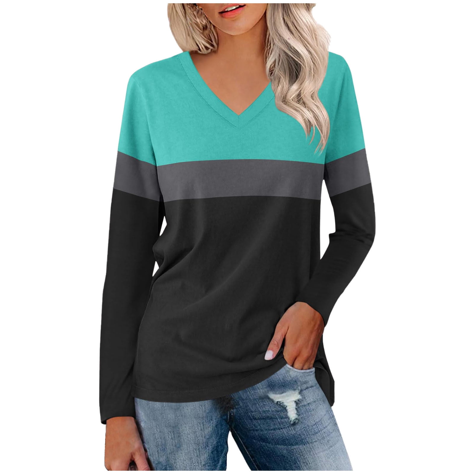 Womens Long Sleeve Tops Plus Size V Neck Casual Loose Striped Color ...