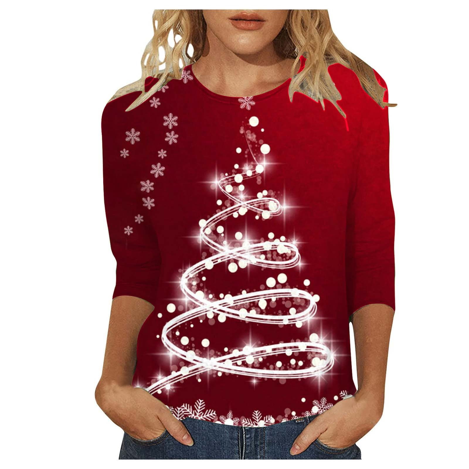 Womens Long Sleeve Tops Shirts Christmas Tree Printed 3/4 Sleeve ...