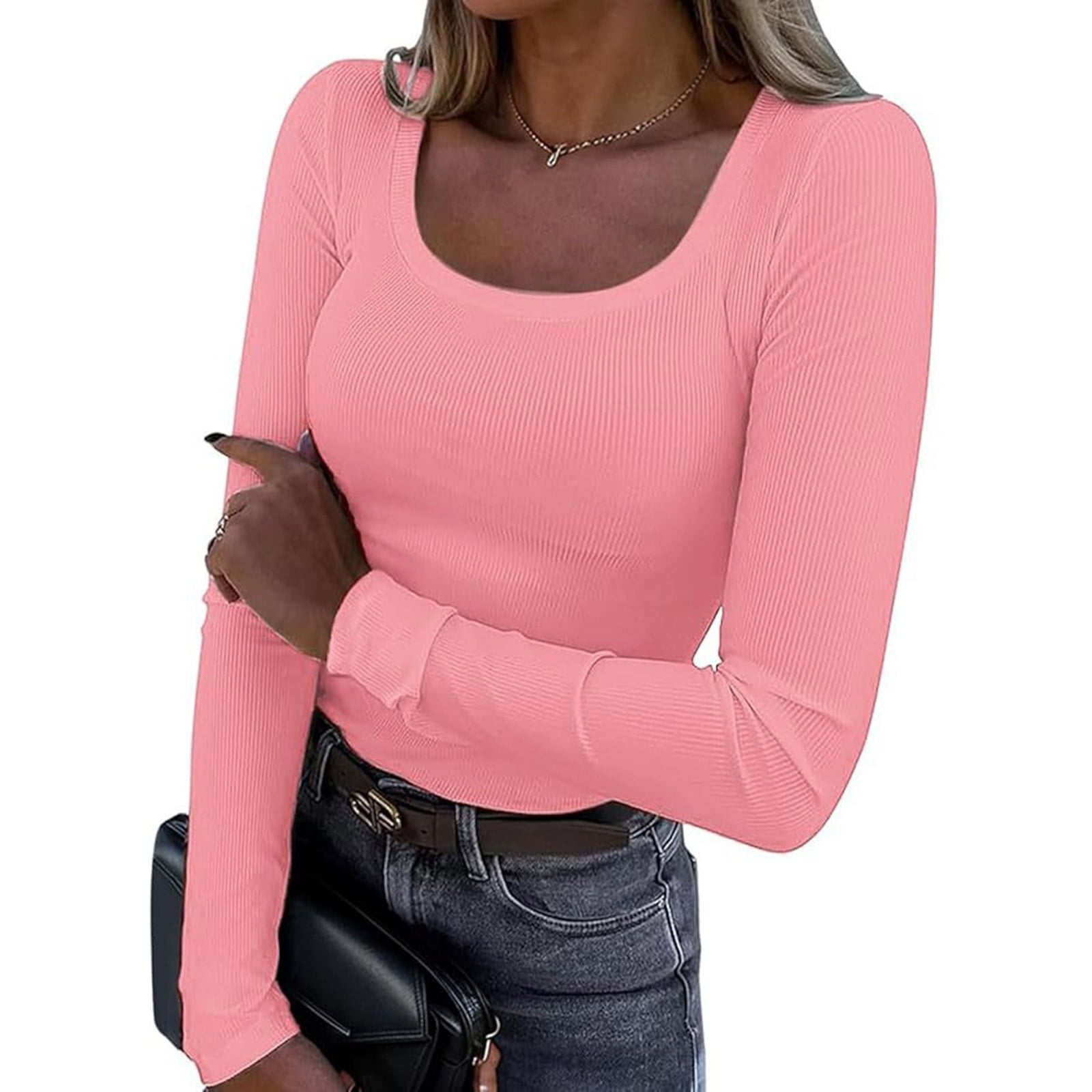 Womens Long Sleeve Tops Square Neck Rib Knit Shirt Fitted Basic Tees ...