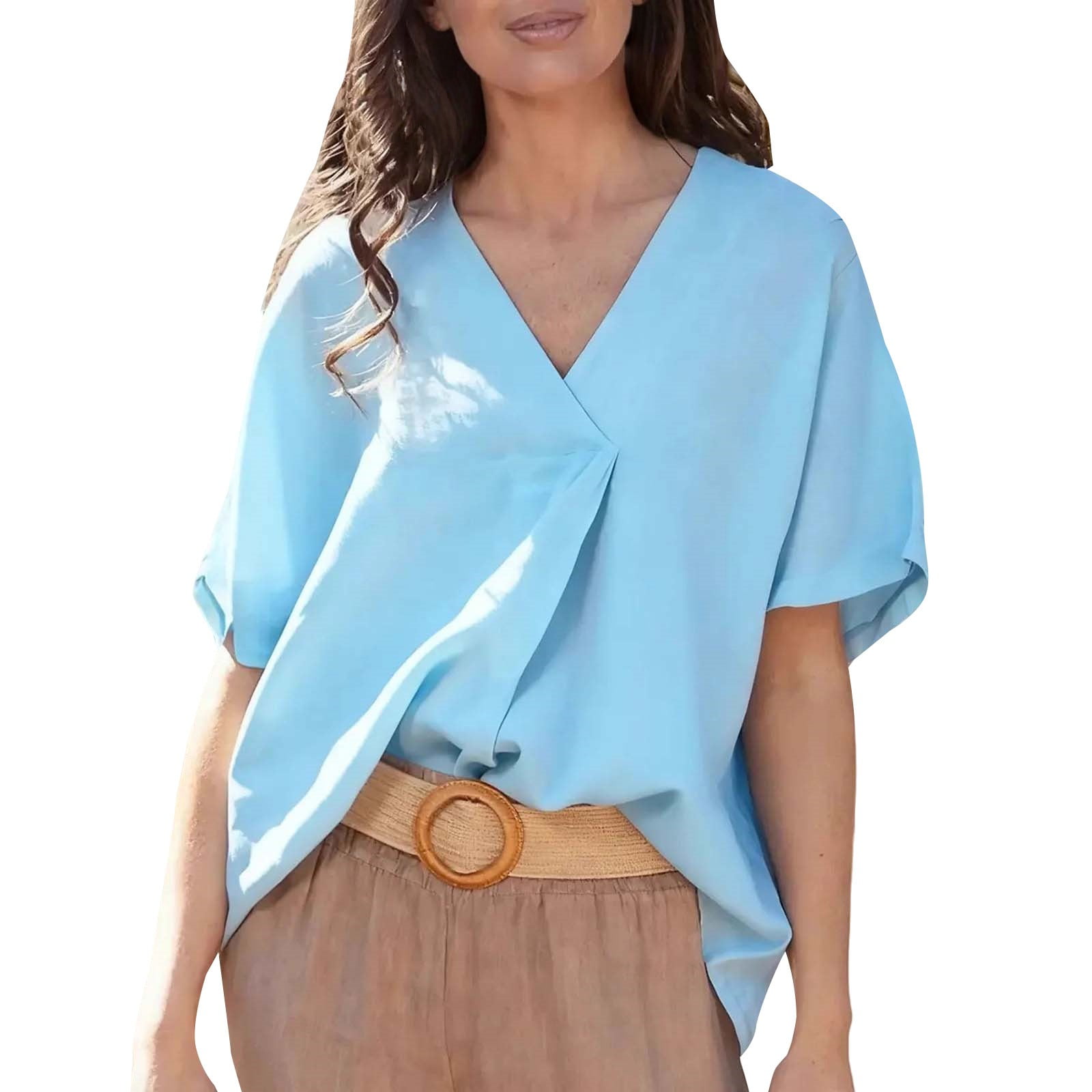 Womens Long Sleeve Tops V Neck Short Sleeve Loose Casual Summer Basic ...