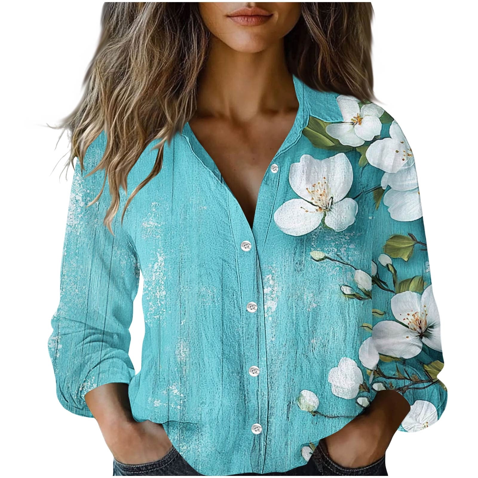 Womens Long Sleeve Tops Vintage Floral Print Button Down Shirts Stand ...