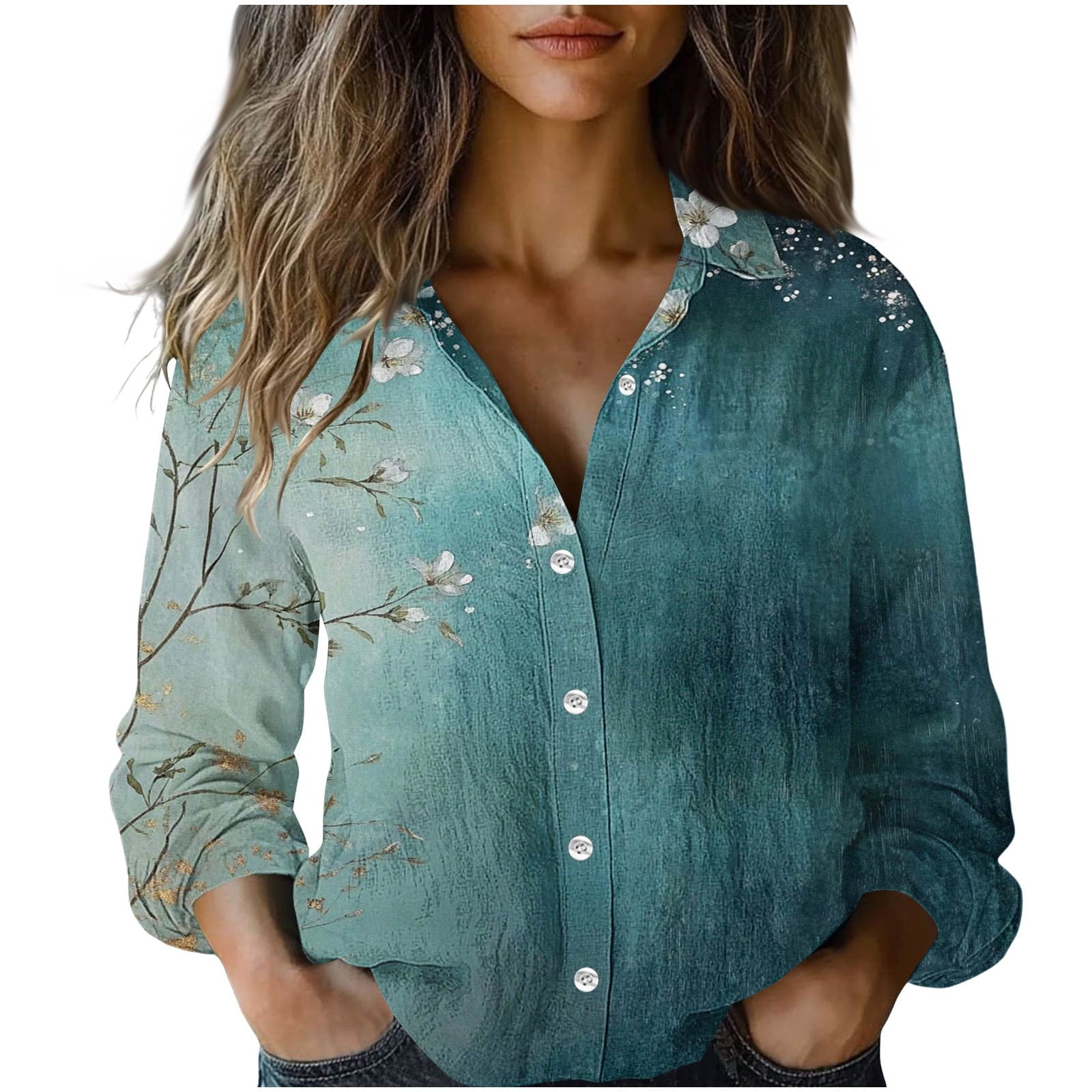 Womens Long Sleeve Tops Vintage Floral Print Button Down Shirts Stand ...