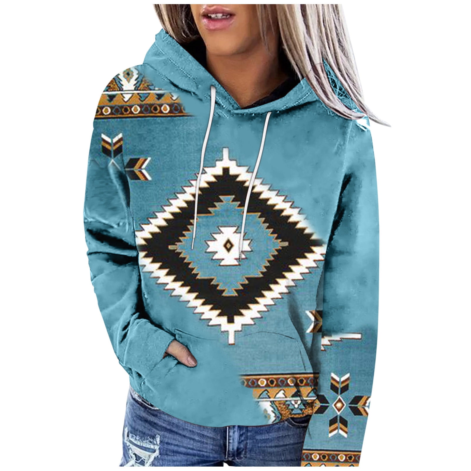 Womens Long Sleeve Tops Western Aztec Hoodie Ethnic Print Hoodie Pullover Cowgirl Rhombus ...