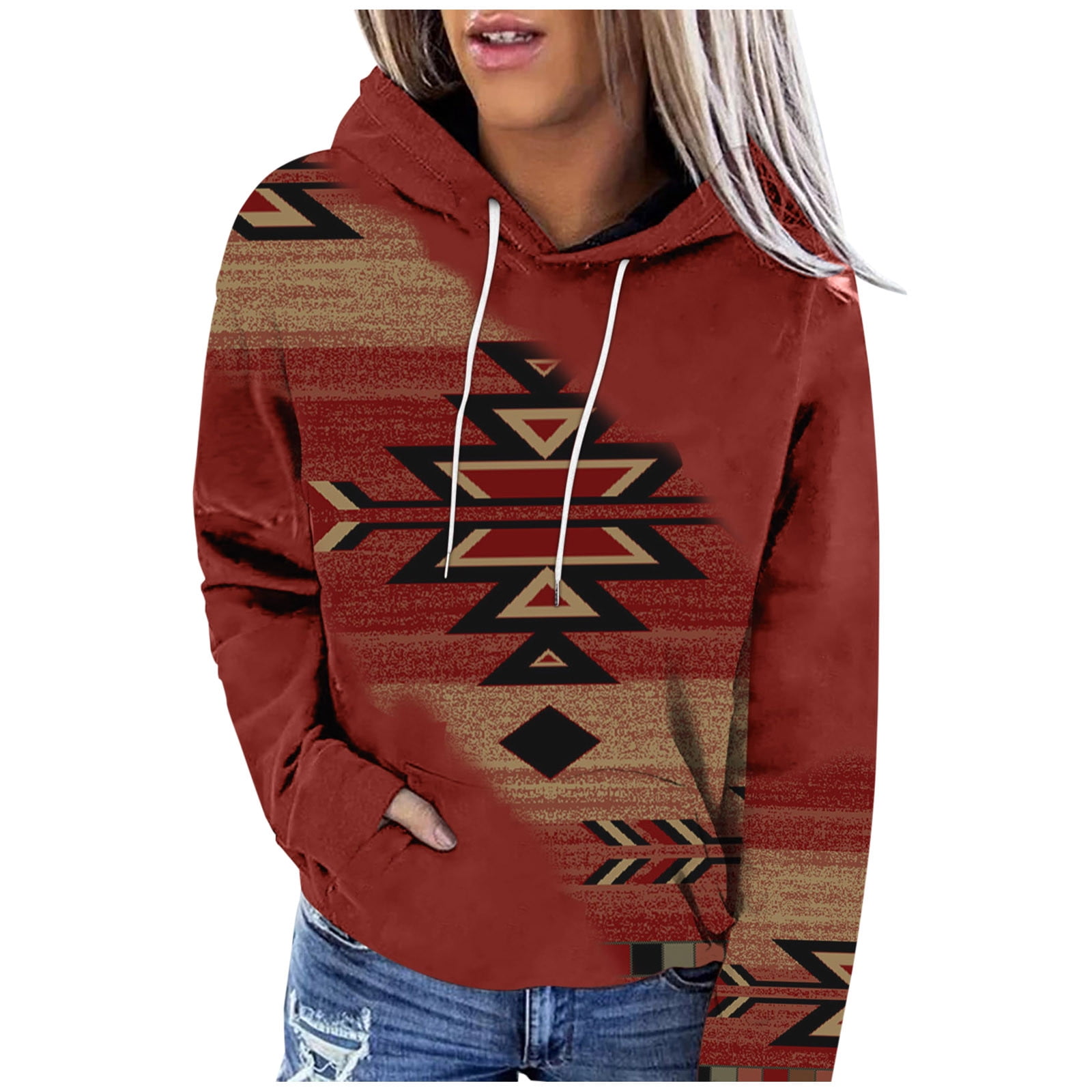 Womens Long Sleeve Tops Western Aztec Hoodie Ethnic Print Hoodie Pullover Cowgirl Rhombus ...