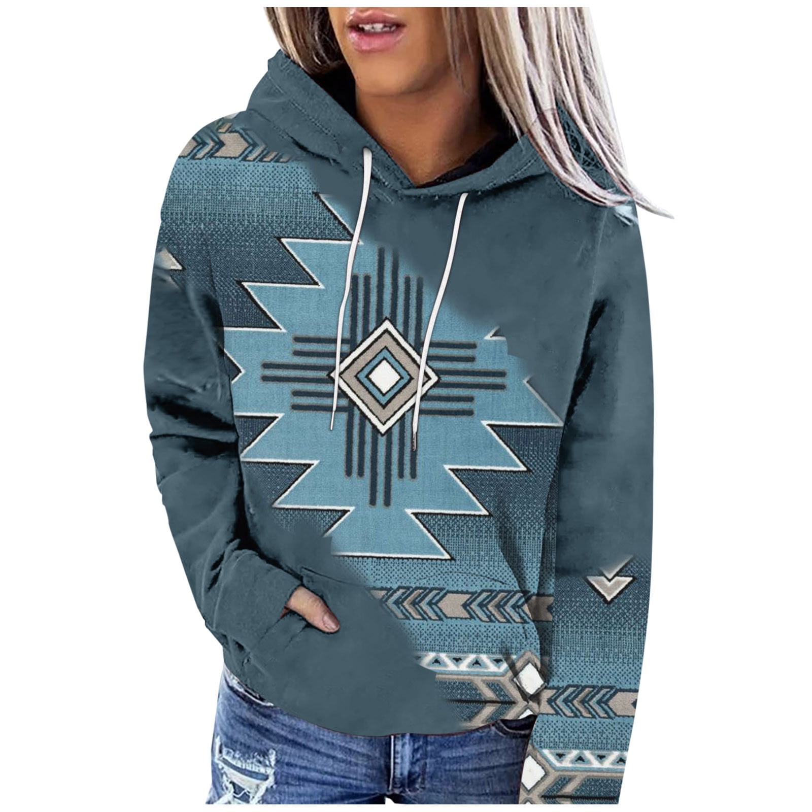 Womens Long Sleeve Tops Western Aztec Hoodie Ethnic Print Hoodie Pullover Cowgirl Rhombus ...