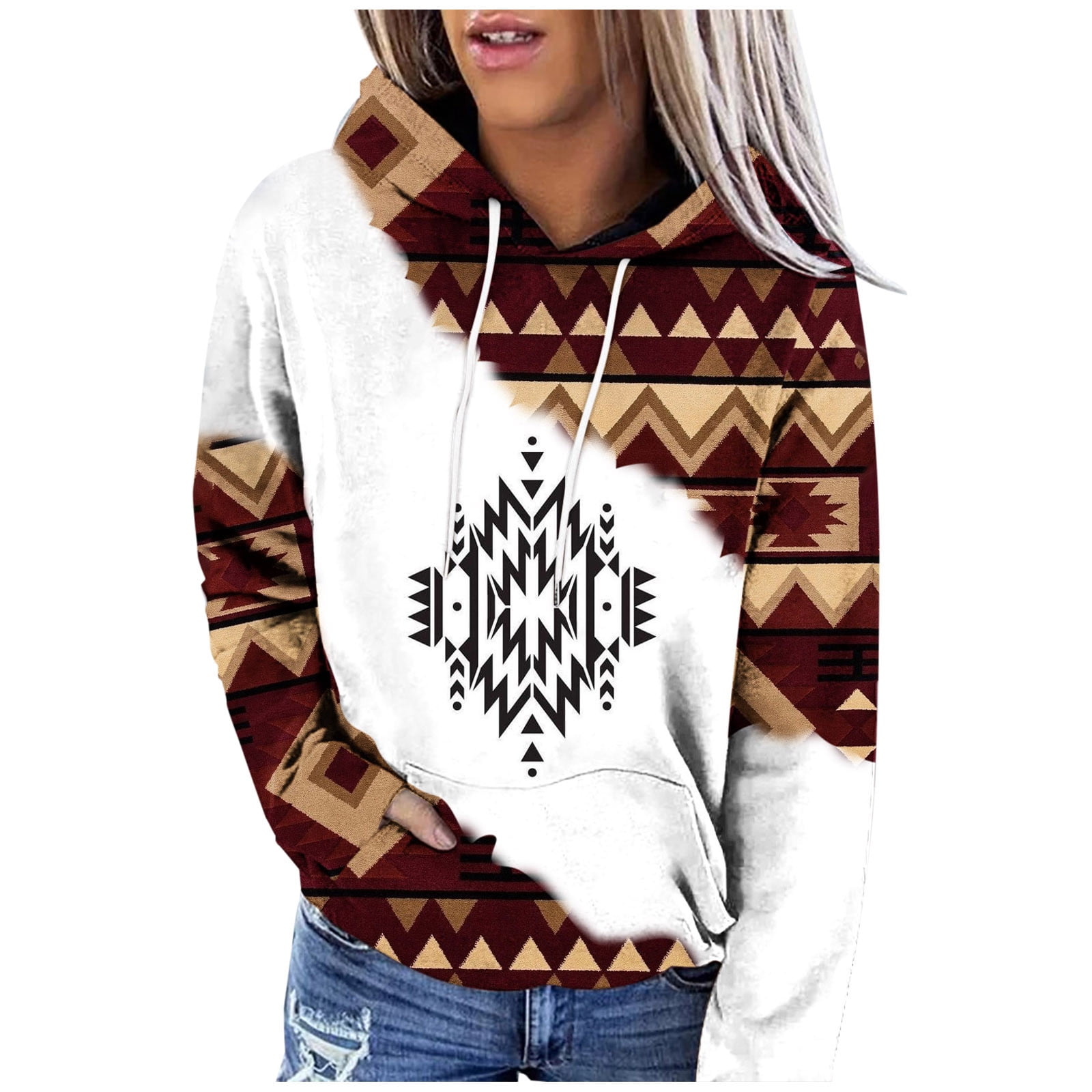 Womens Long Sleeve Tops Western Aztec Hoodie Ethnic Print Hoodie Pullover Cowgirl Rhombus ...