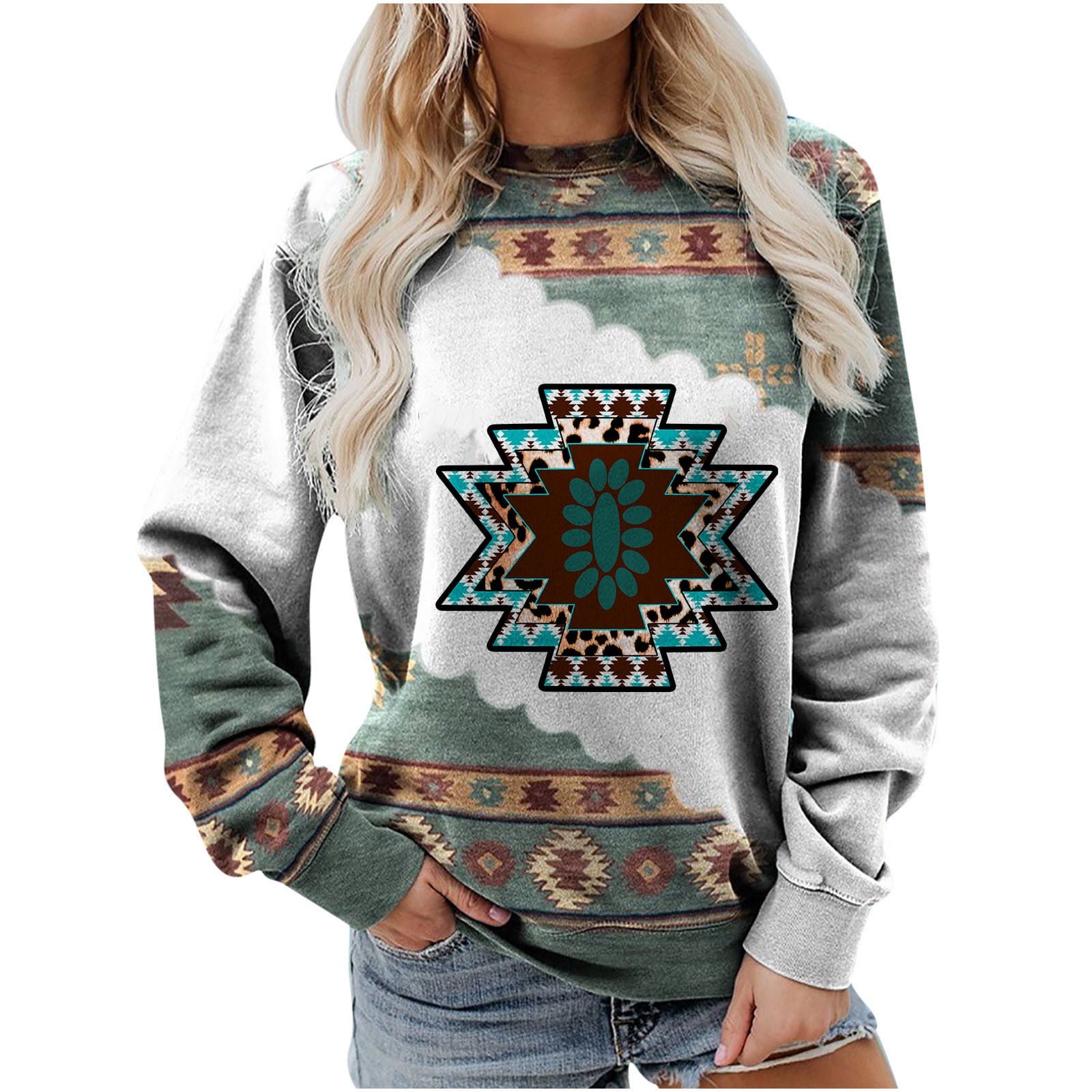 Womens Long Sleeve Tops Western Aztec Sweatshirt Crewneck Cowgirl ...