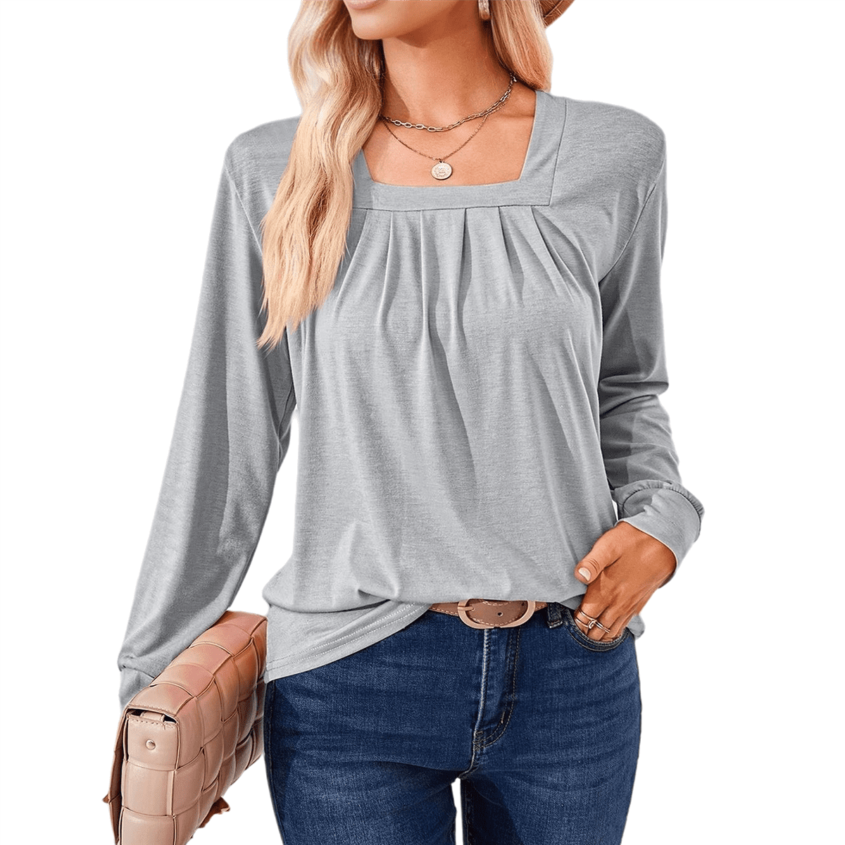 Womens Long Sleeve Tunic Tops Pleated Square Neck Casual Loose Fit ...