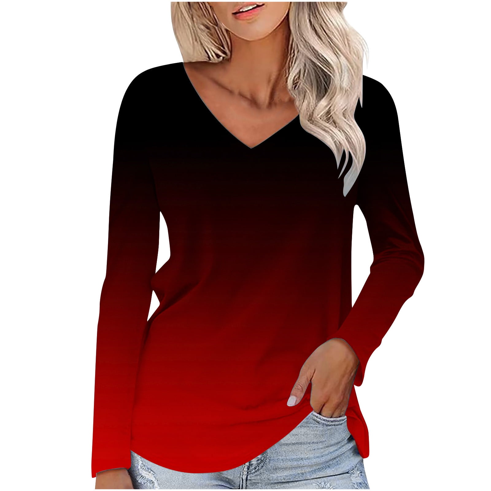 Womens Long Sleeve V Neck Soft T Shirts Plain Tunic Casual Loose Fit ...