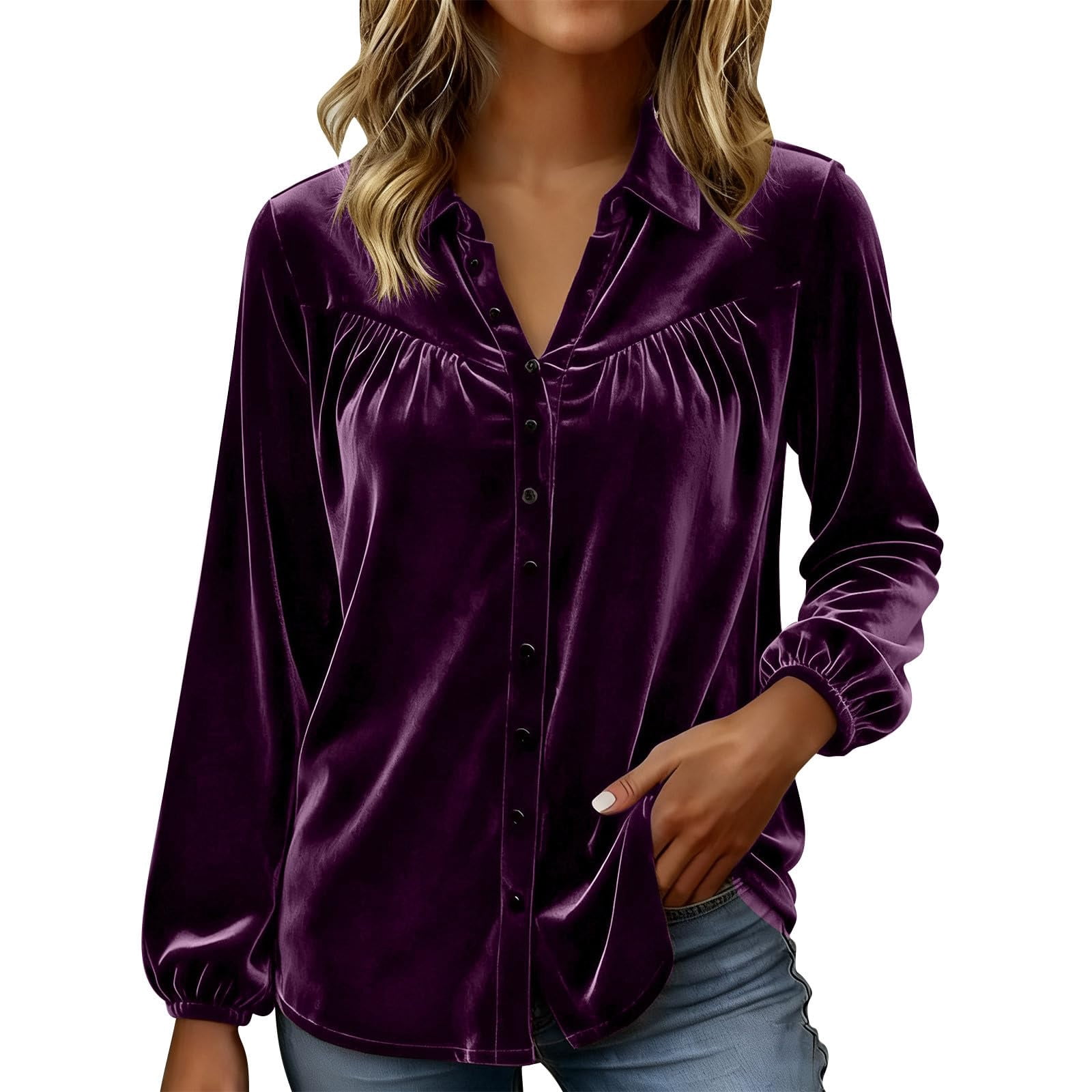 Womens Long Sleeve Velevet Shirts Dressy Casual V Neck Button Down ...