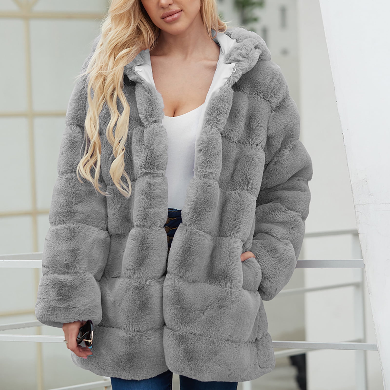 Womens Long Sleeve Winter Warm Lapel Fox Faux Fur Coat Jacket Overcoat Outwear with Pockets,Fall ...