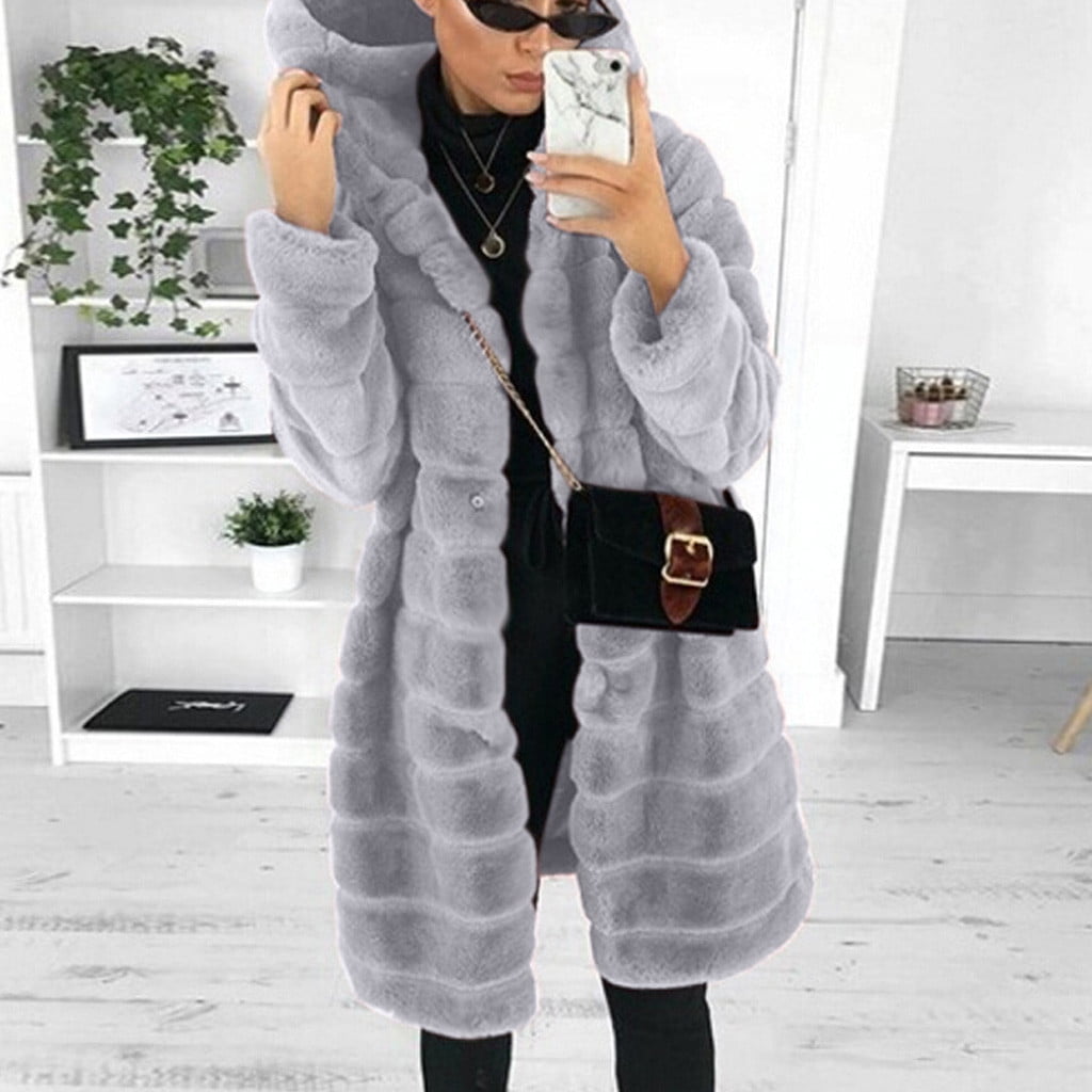 Womens Long Sleeve Winter Warm Lapel Fox Faux Fur Coat Jacket Overcoat Outwear with Pockets,Fall ...