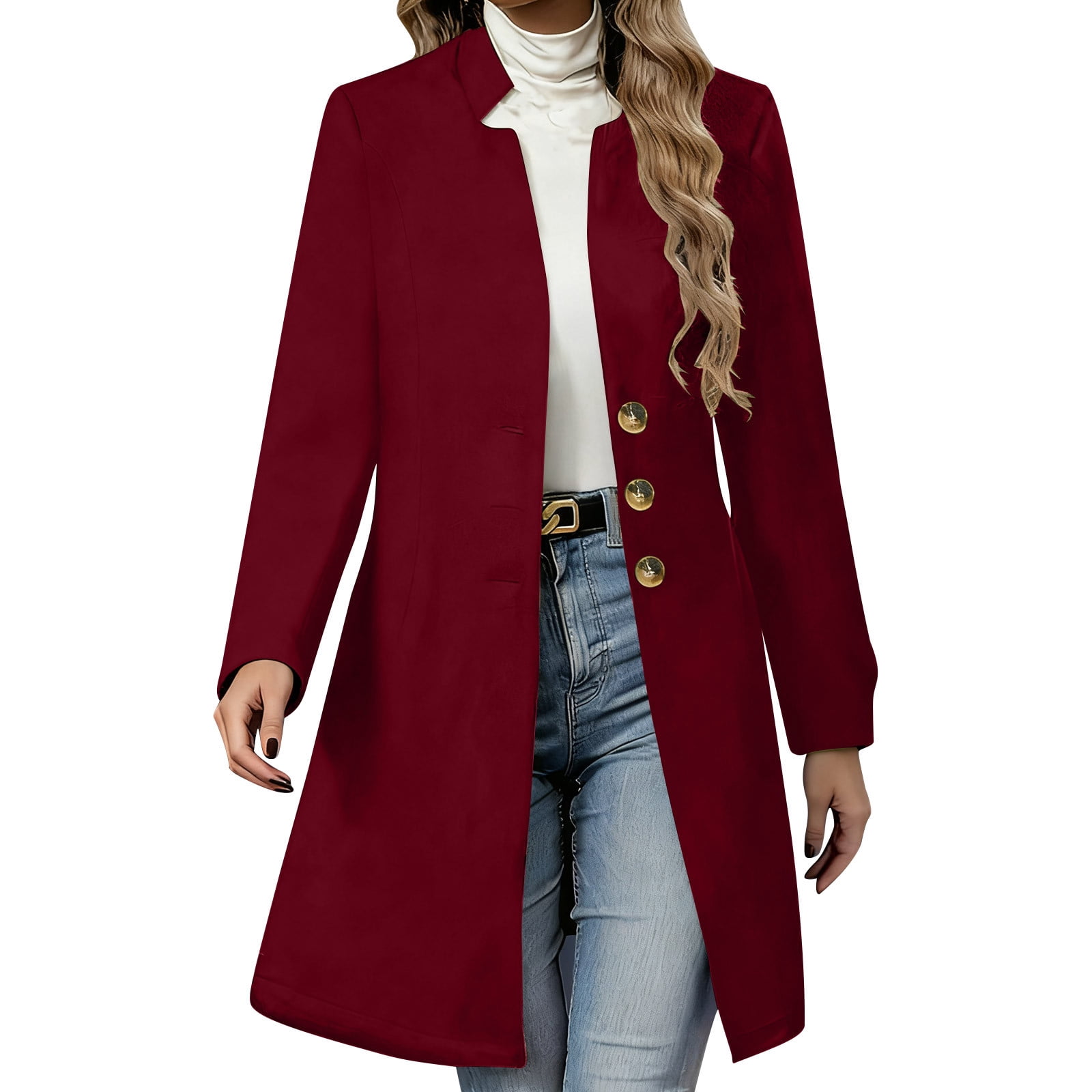 Womens Long Woolen Coat Notched Collaress Dressy Casual Trench Coat Mid ...