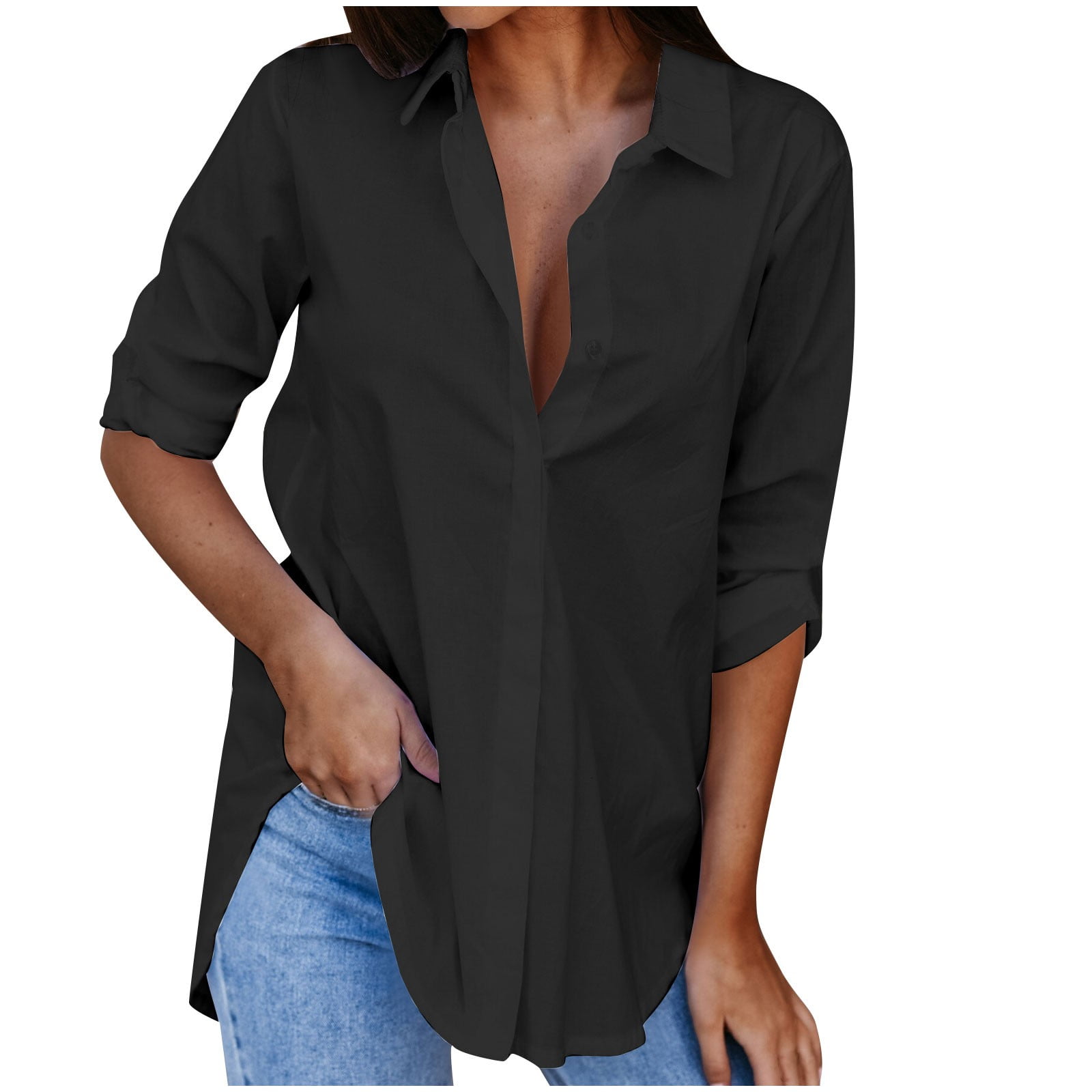 Womens Loose Button Up Shirts Rolled Long Sleeve Lapel Collar ...