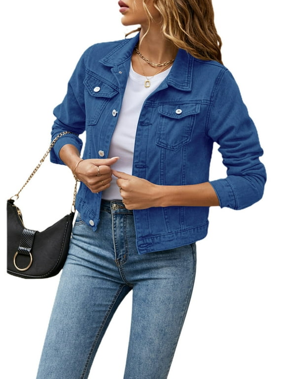 Beppter Women's Basic Solid Color Denim Jacket, Button Down, Cotton ...
