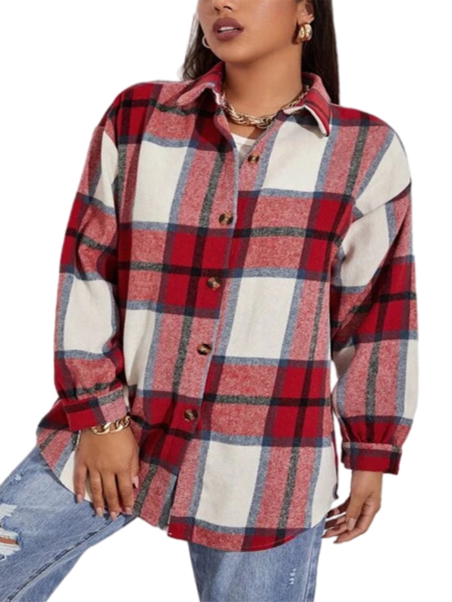 Womens Loose Fit Plaid Flannel Shirts Casual Long Sleeve Button Down ...