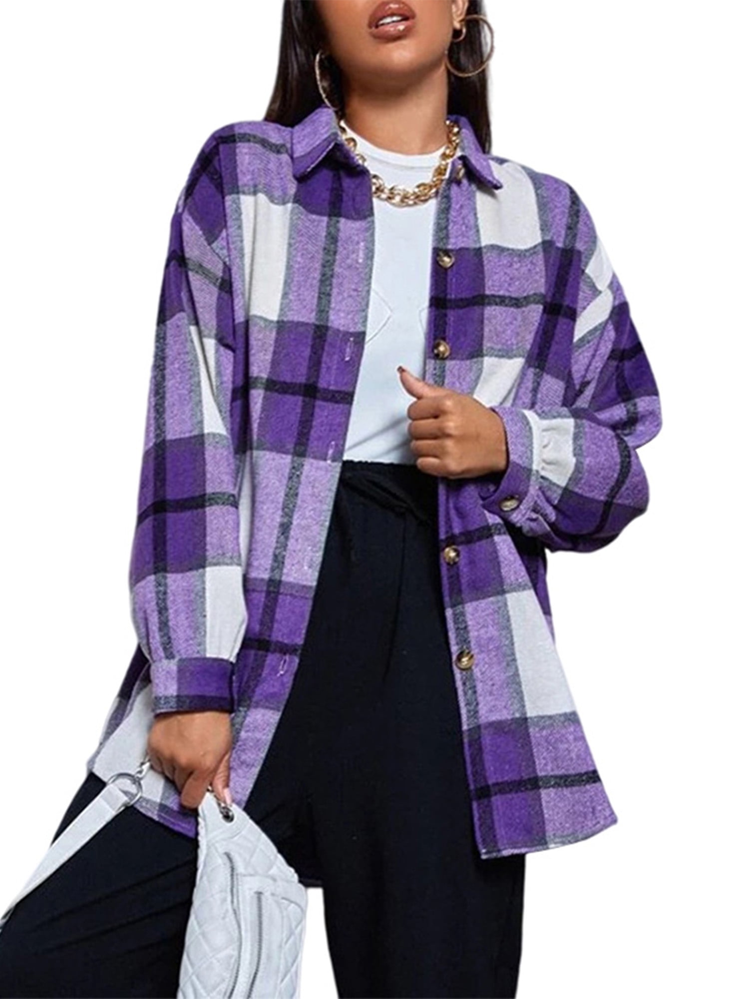 Womens Loose Fit Plaid Flannel Shirts Casual Long Sleeve Button Down ...