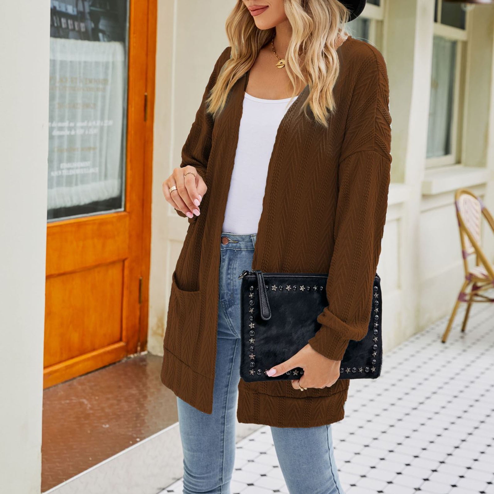 Womens Loose Open Front Long Sleeve Knit Cable Cardigan Sweater with ...