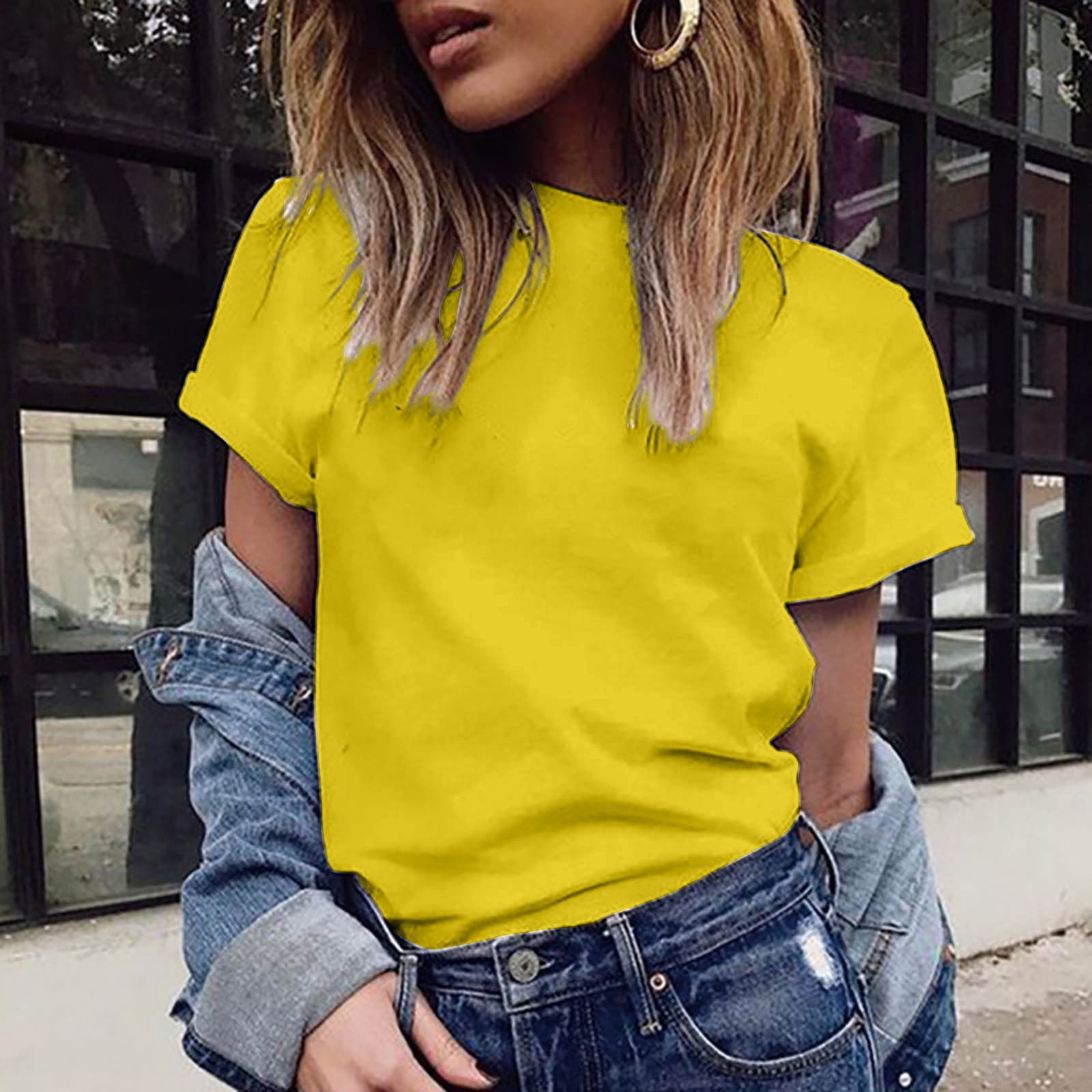 Womens Loose Solid Color T-Shirt Summer Crewneck Tops Short Womens Loose Solid Color T-Shirt Summer Crewneck Tops Short
