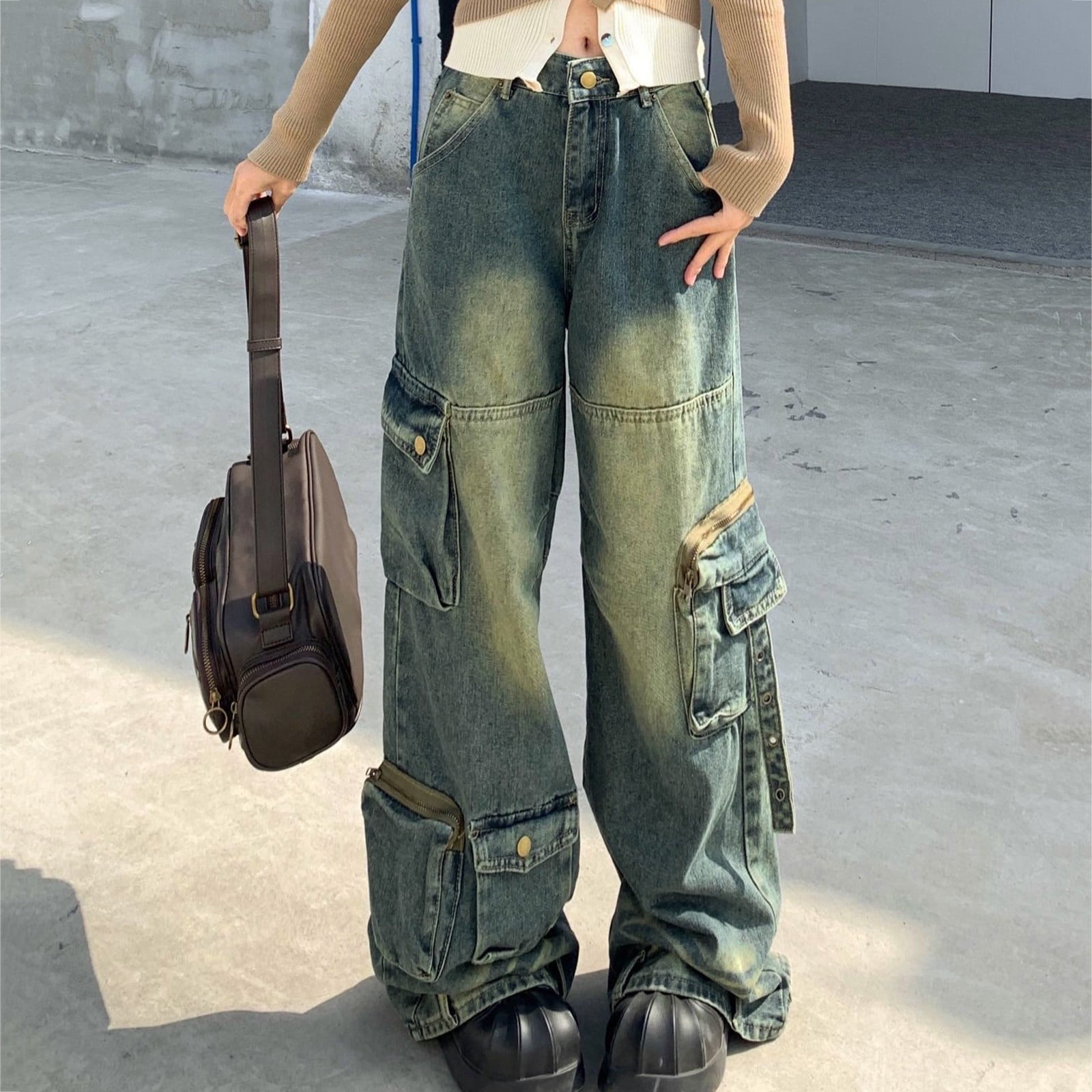 Womens Loose Washed Pockets Work Clothes Jeans With High Street Design ...
