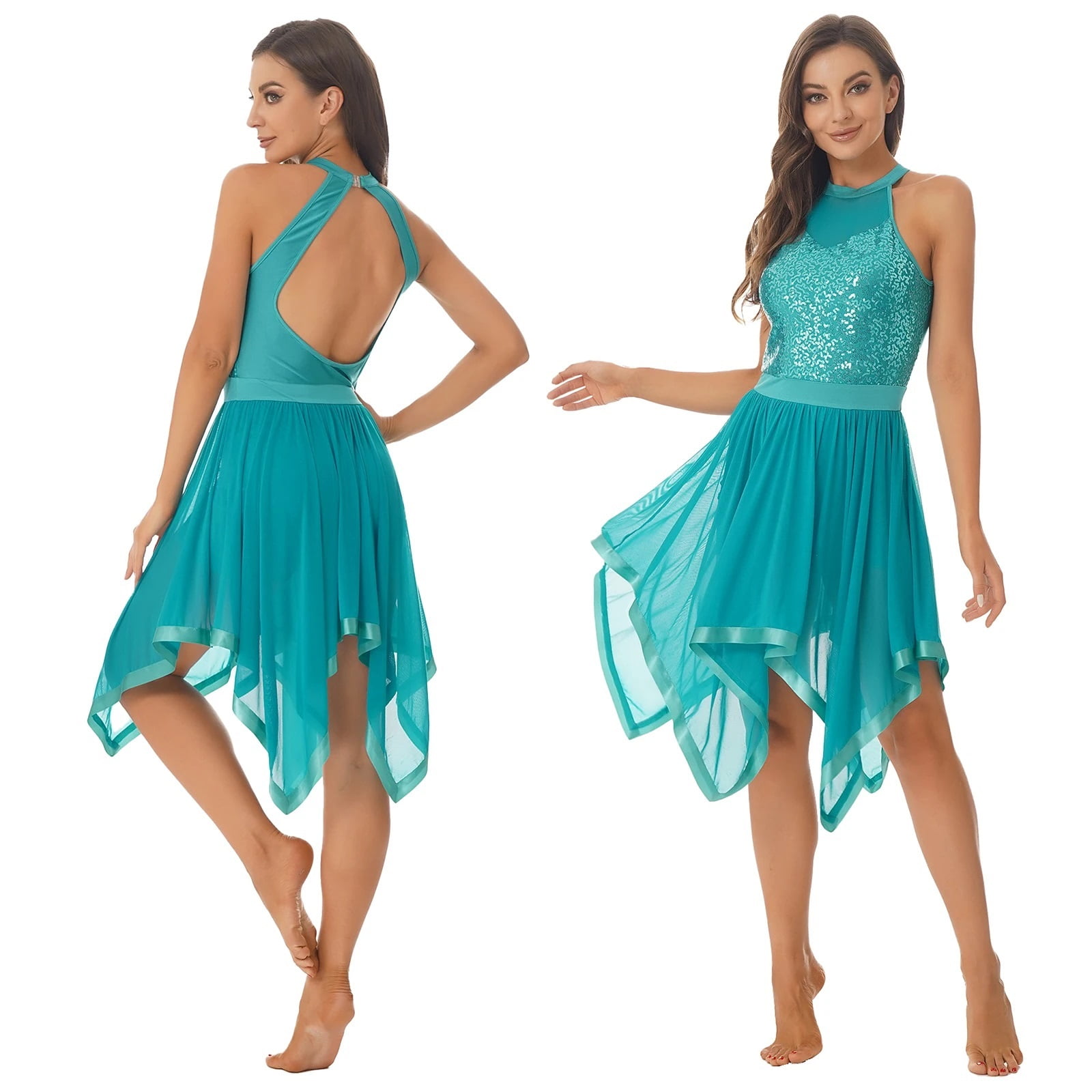 Womens Lyrical Dance Dress Ballet Ballroom Waltz Skating Stage Performance Costume Sheer Cutout ...