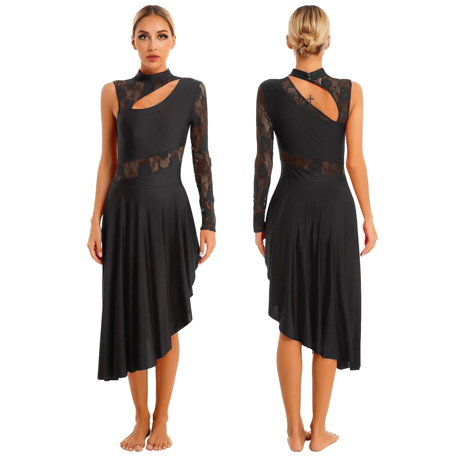 Womens Lyrical Dance Dress Ballet Ballroom Waltz Skating Stage Performance Costume Sheer Cutout ...