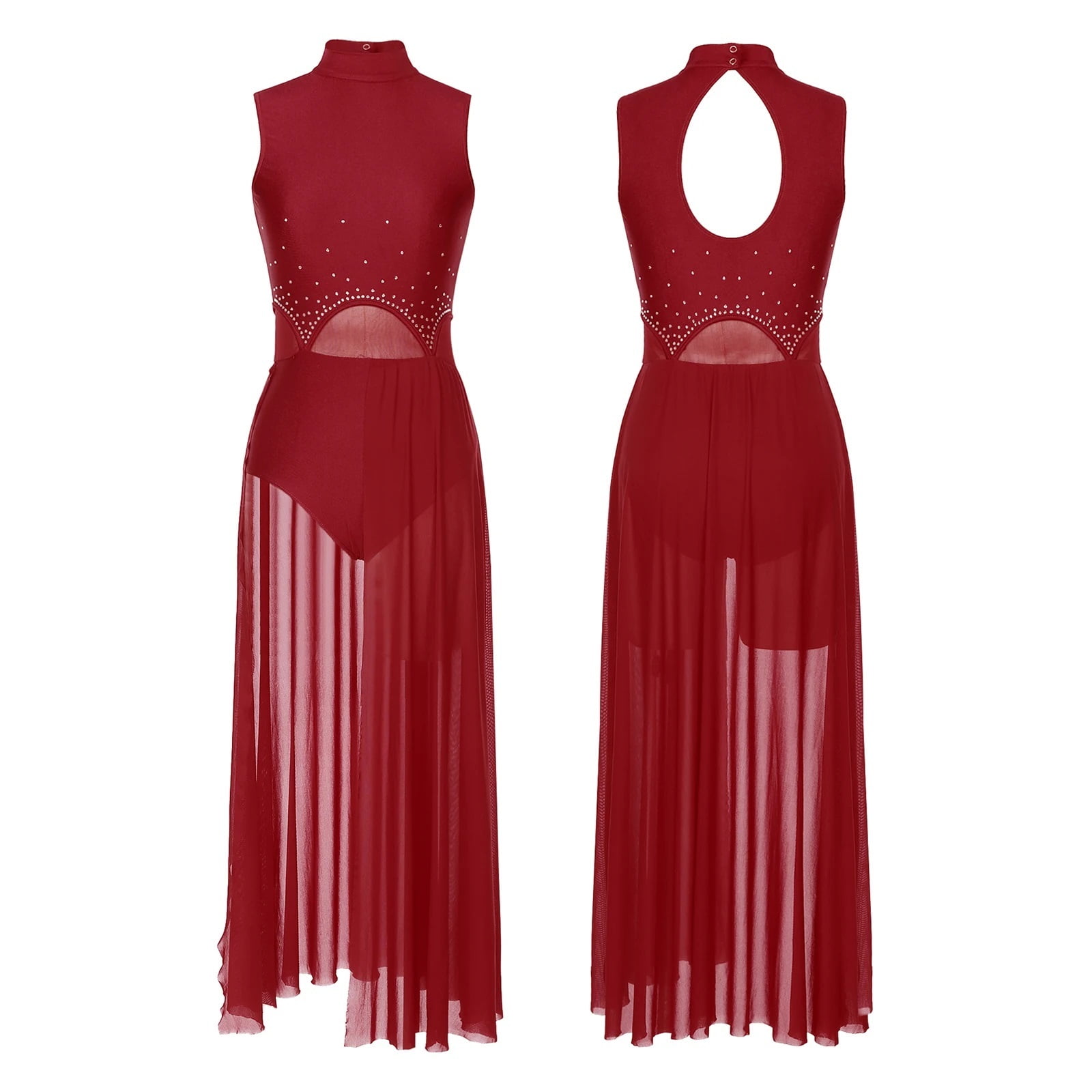 Womens Lyrical Dance Dress Ballet Ballroom Waltz Skating Stage Performance Costume Sheer Cutout ...