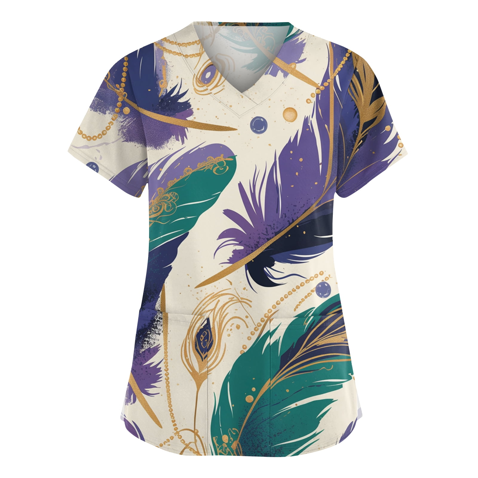 Womens Mardi Gras Scrub Top Funny Mask Feather Printed V-Neck Medical ...