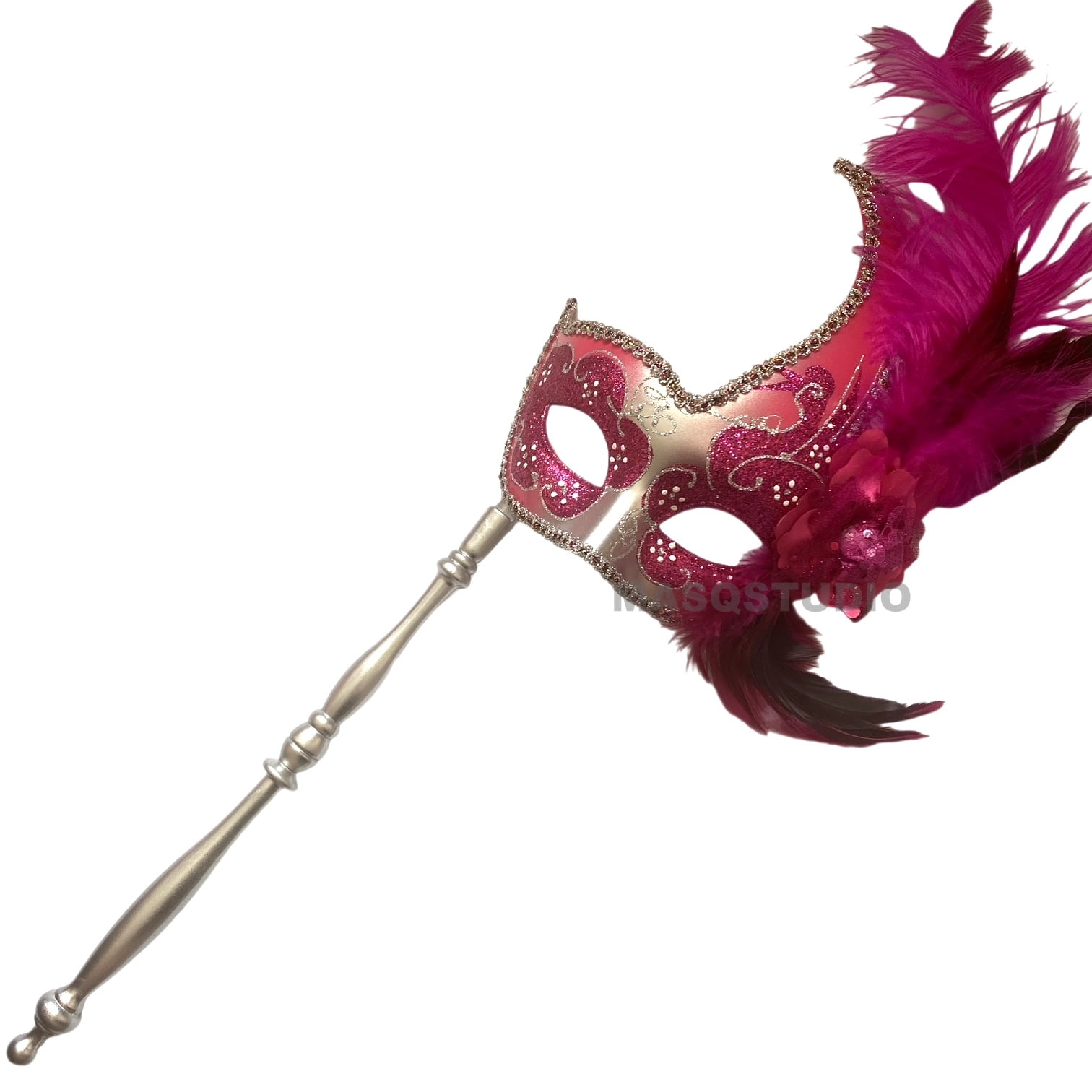 Womens Masquerade Ball Mask with Stick Handle Ostrich Feather Halloween ...