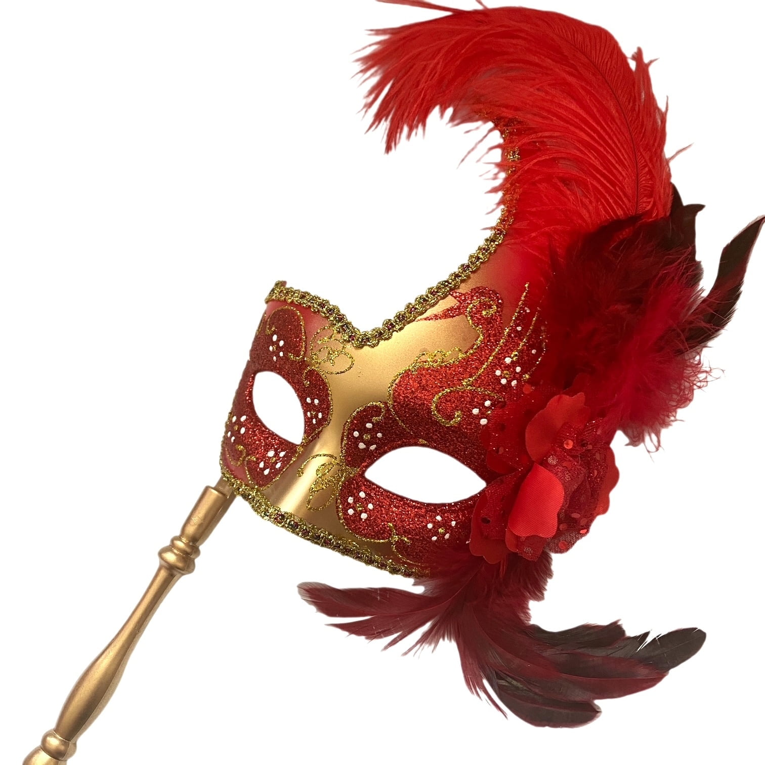 Womens Masquerade Ball Mask with Stick Handle Ostrich Feather Halloween ...