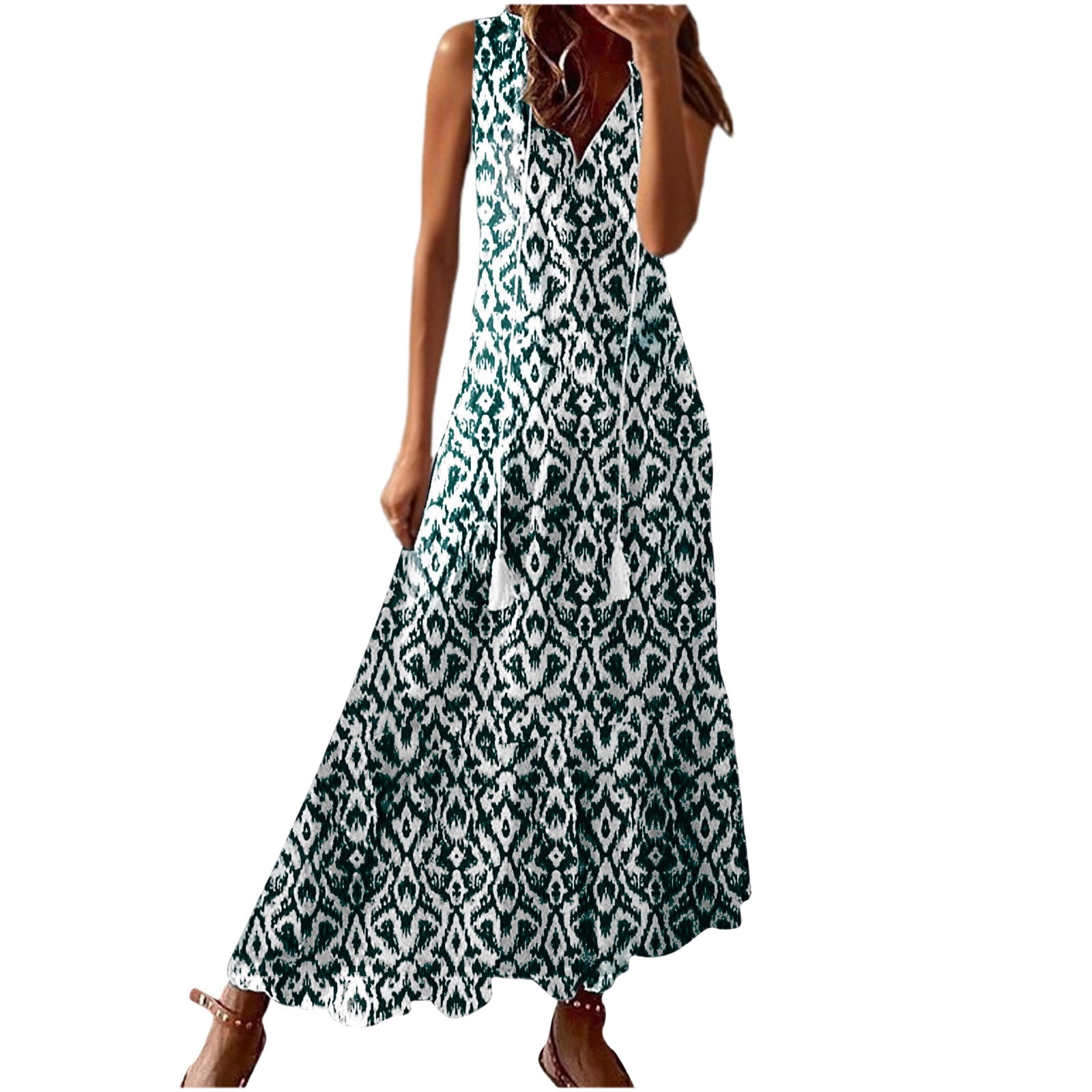 Womens Maxi Dress 2025 Sleeveless Summer Dresses V Neck Casual Tiered ...