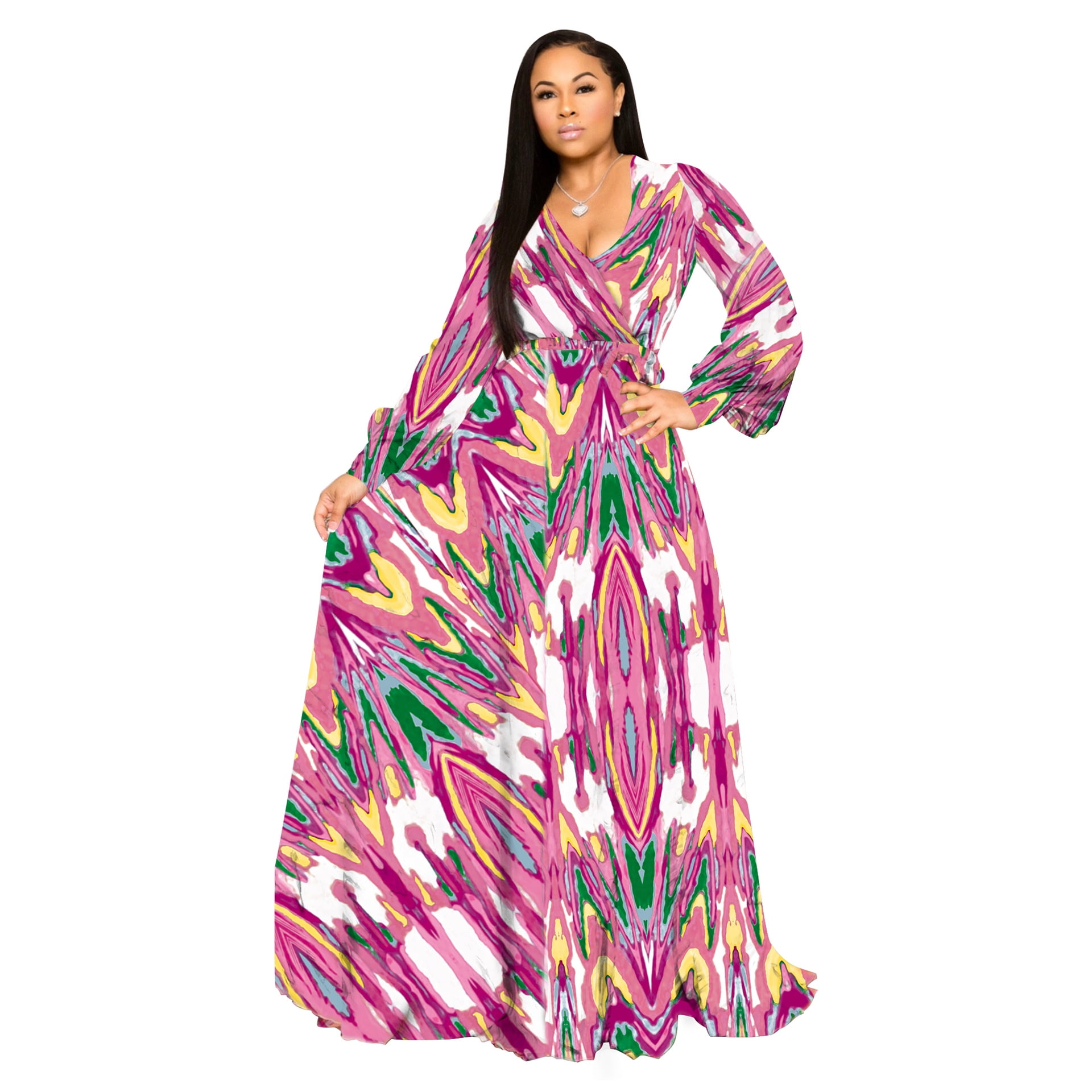 Womens Maxi Dress Boho Chiffon Floral Printed V-Neck Long Dresses ...