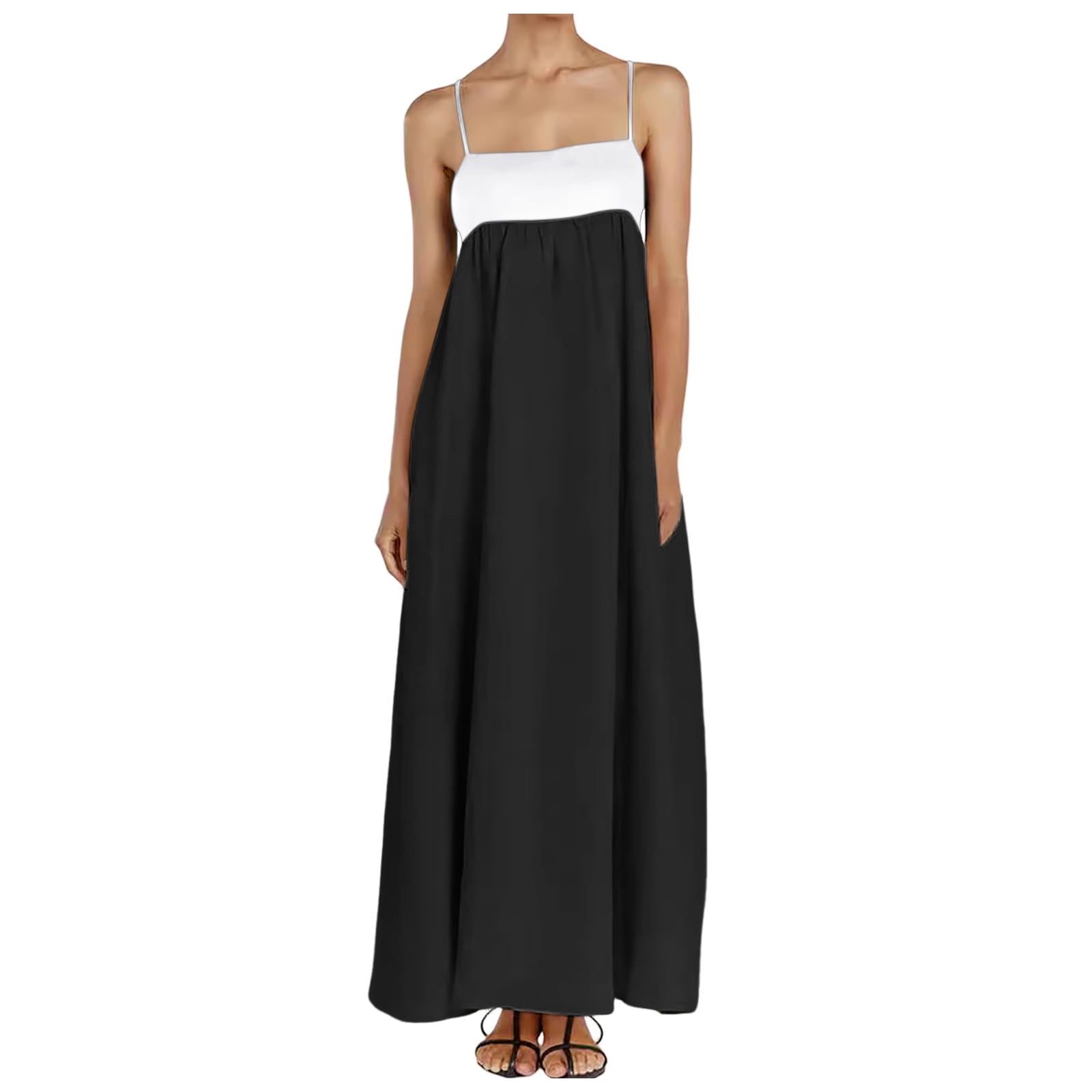 Womens Maxi Dress Contrast Women Long Dress Trim Spaghetti Straps ...
