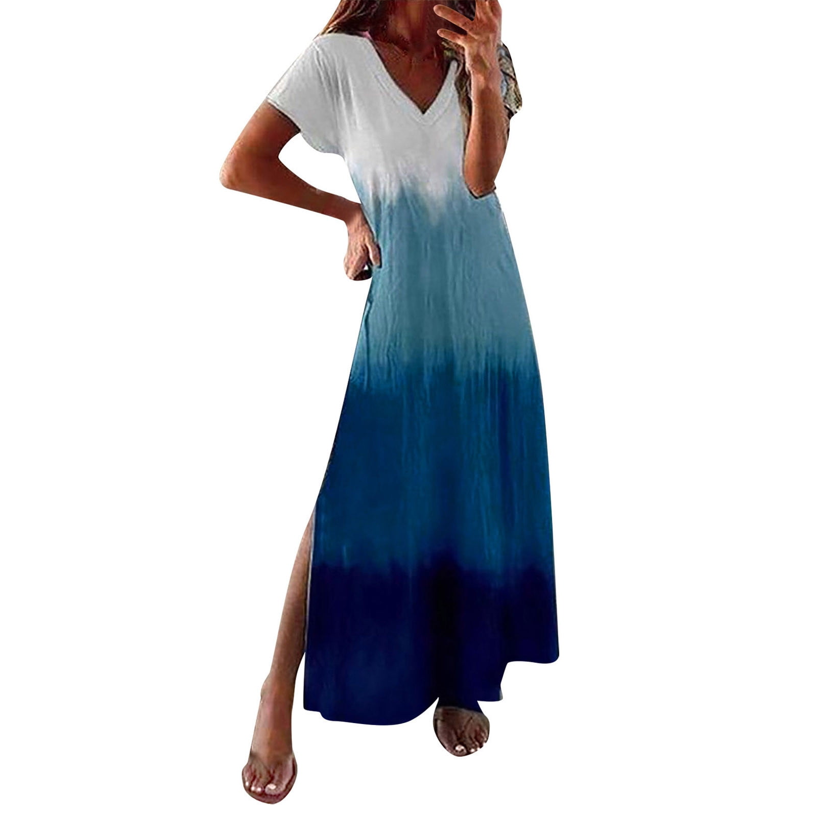 Womens Maxi Dresses Summer Spring V Neck Short Sleeve Split Long Dress ...