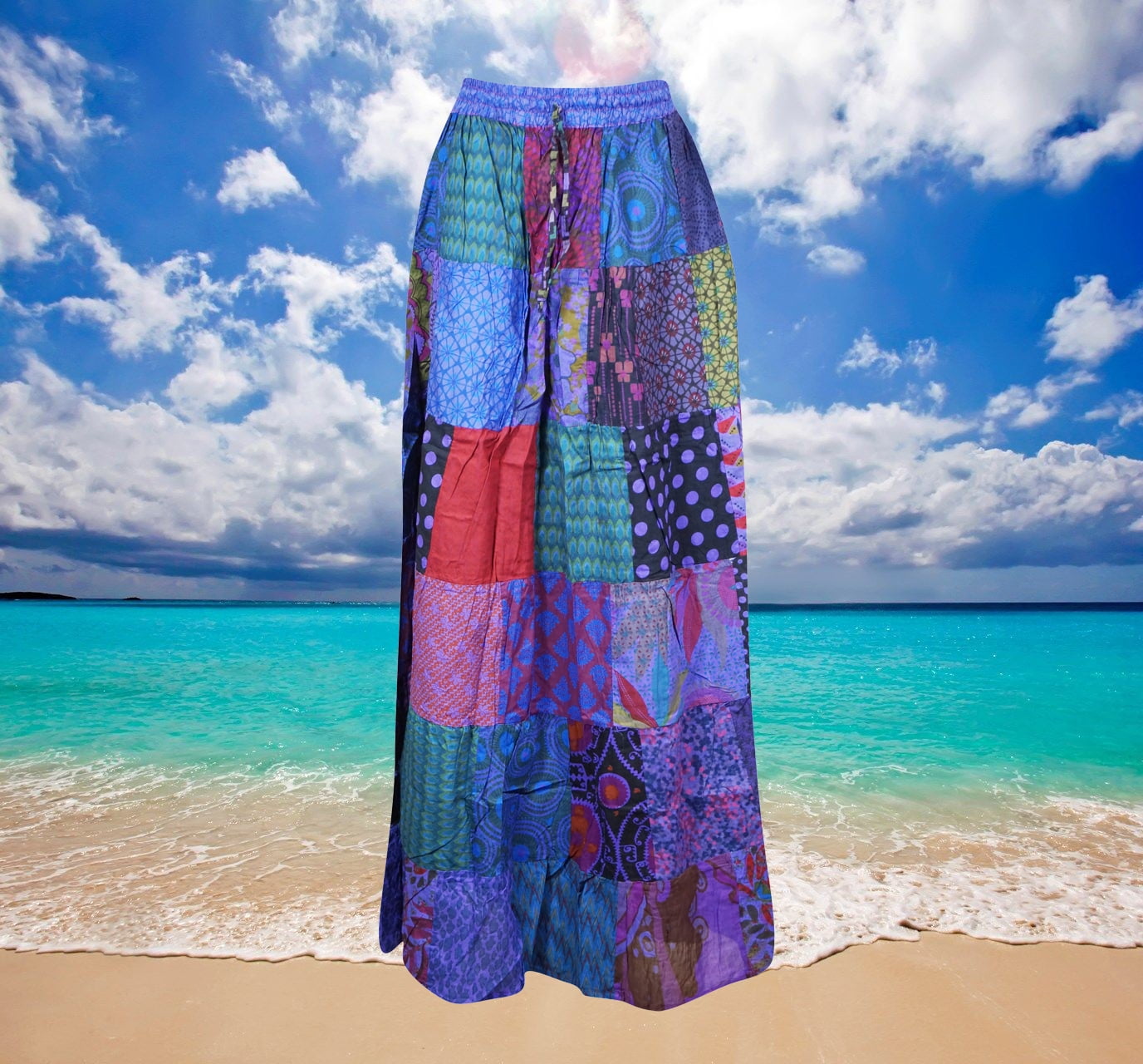 Womens Maxi Skirt, Blue, Boho Hippie, Renaissance Patchwork Cotton ...