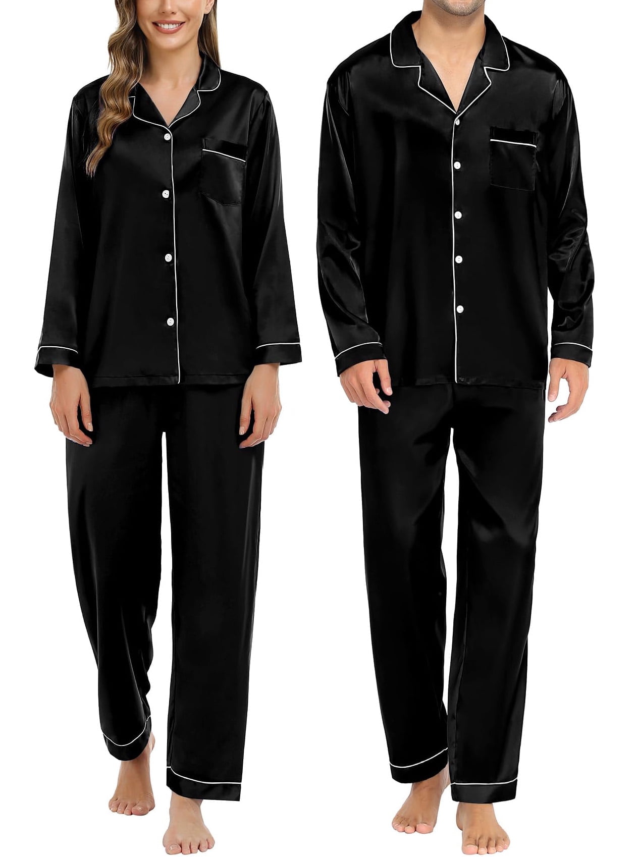 Womens/Mens Pajama Set Matching Pajamas for Couples Long Sleeve Satin ...