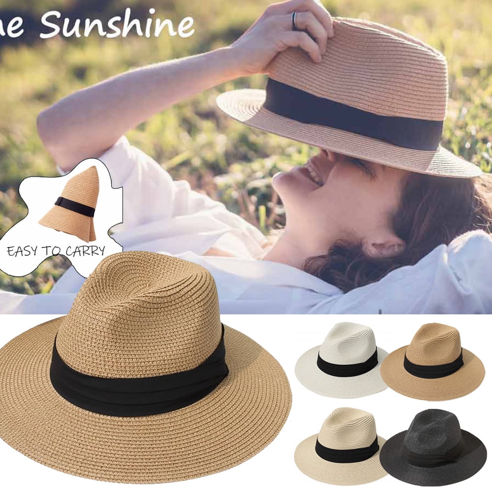 Womens Mens Wide Brim Straw Panama Hat Fedora Summer Beach Sun Hat Upf