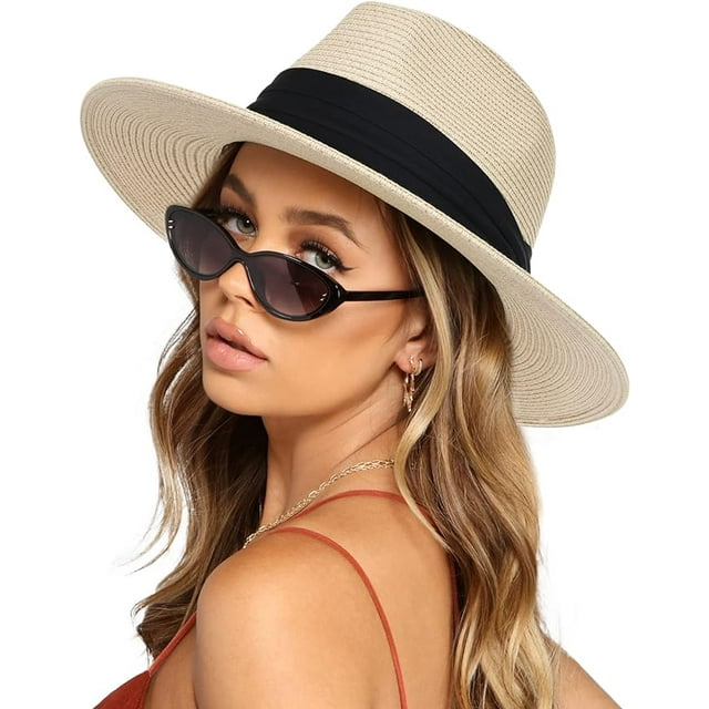 Womens Mens Wide Brim Straw Panama Hat Fedora Summer Beach Sun Hat Upf
