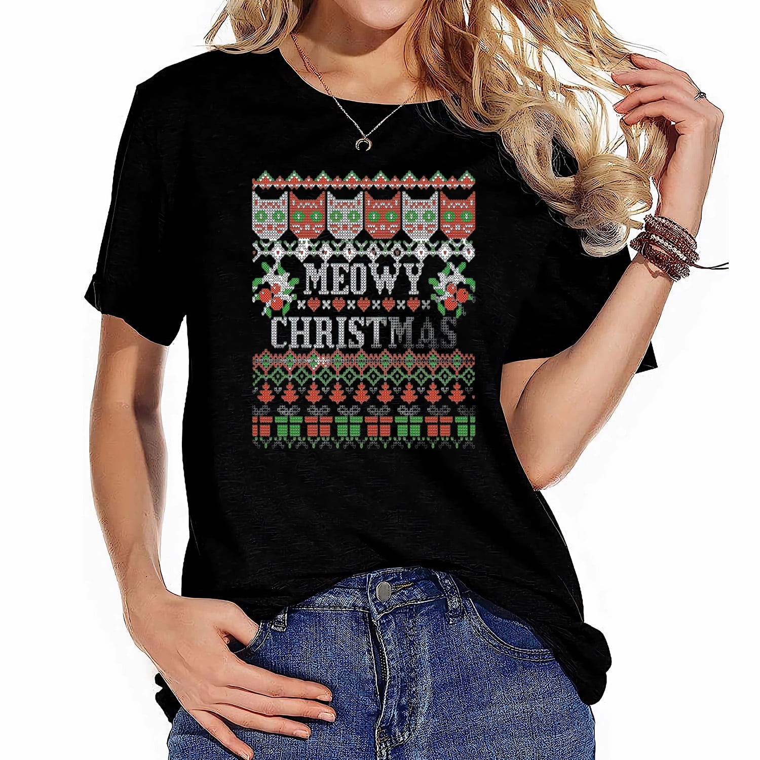 Womens Meowy Christmas Women's Round Neck T-Shirt Ugly Sweater Cat ...