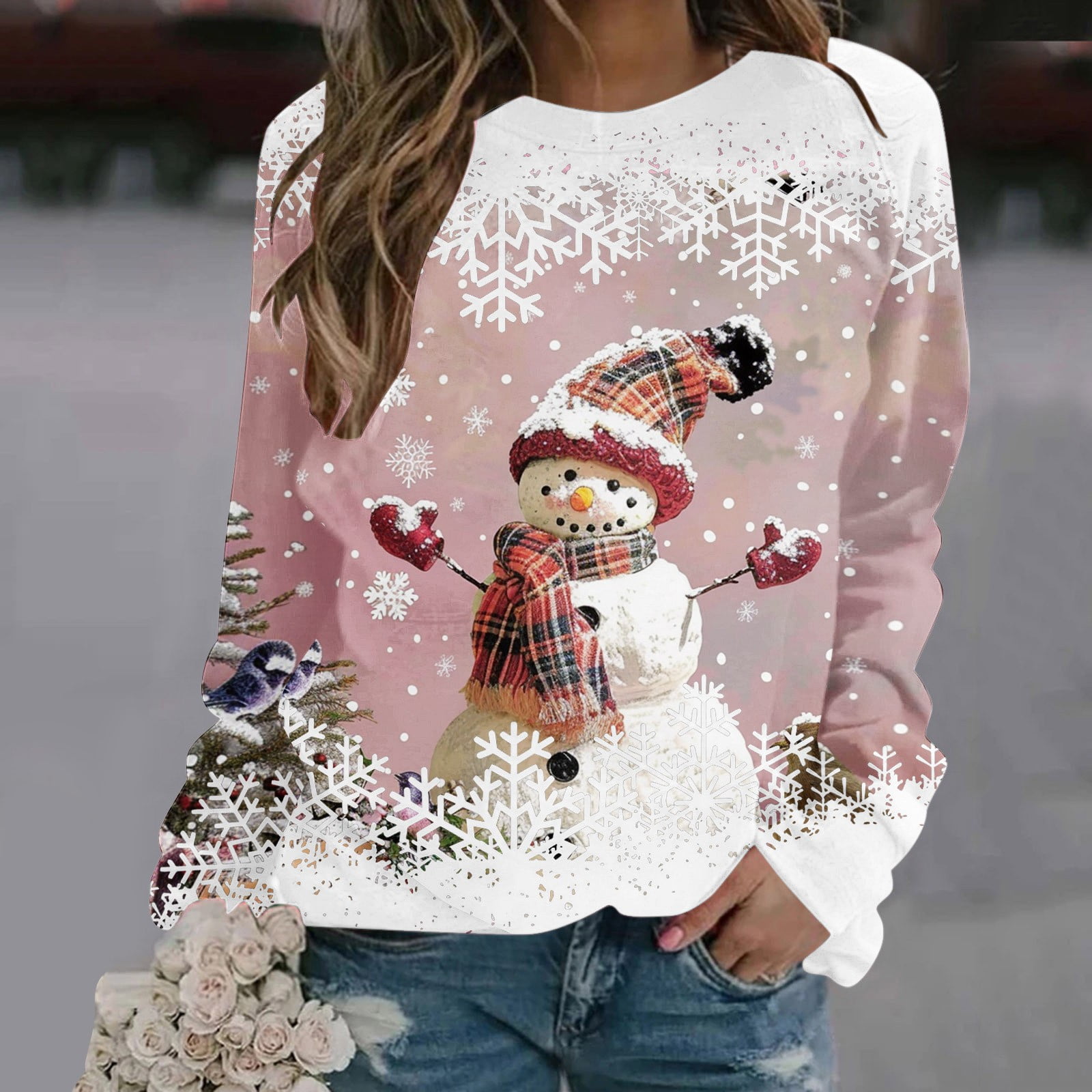 Womens Merry Christmas Sweatshirts Cute Xmas Snowman Snowflake Print T ...