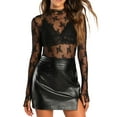 Womens Mesh Sheer Long Sleeve Layering Top Mock Neck Lace Floral See