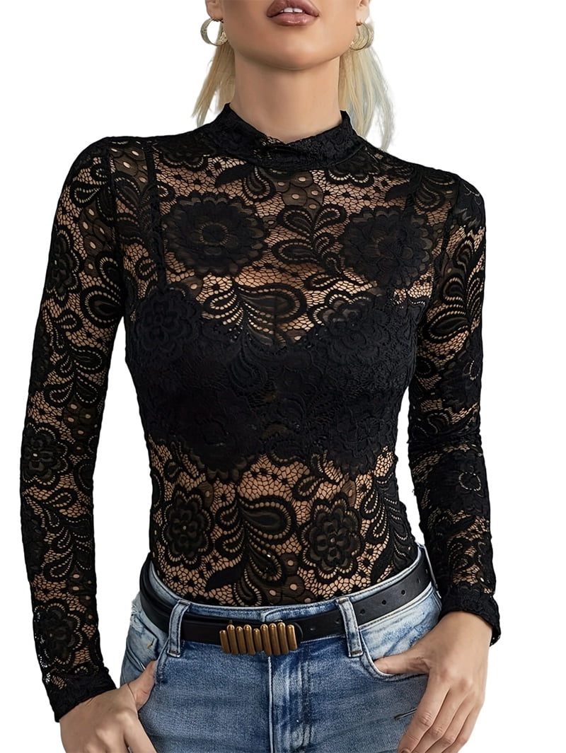 Womens Mesh Top Long Sleeve Mock Neck Sheer Blouse See Through Floral ...