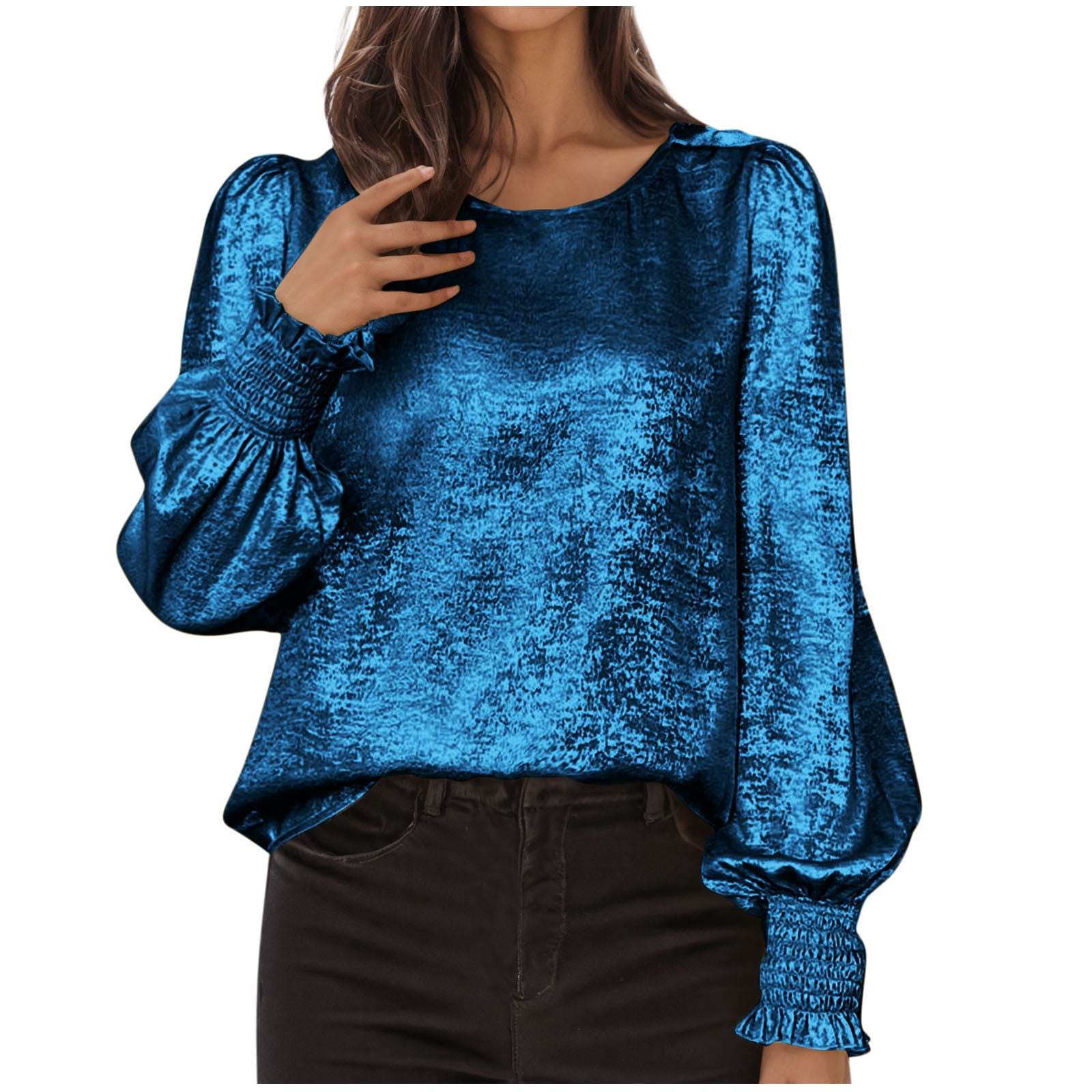 Womens Metallic Shiny Shirt Elegant Casual Bishop Long Sleeve Blouse ...