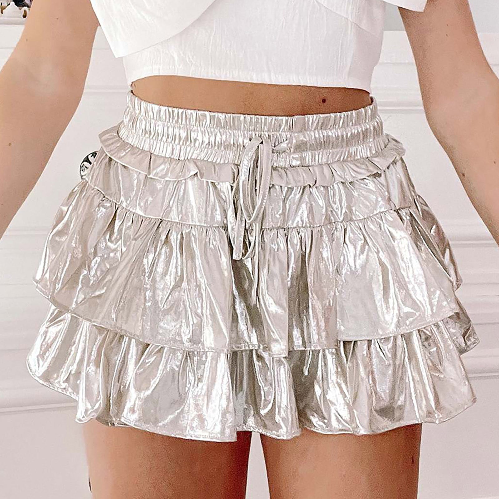 Womens Metallic Skirt Shiny Flared Pleated Skirt Layered Ruffle Hem ...